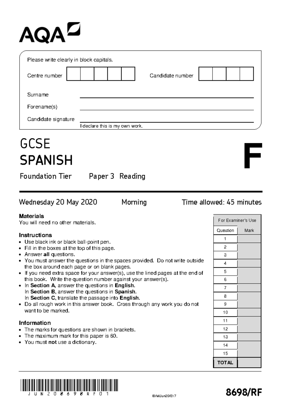 Question paper (Foundation) Paper 3 Reading - November 2020 ...
