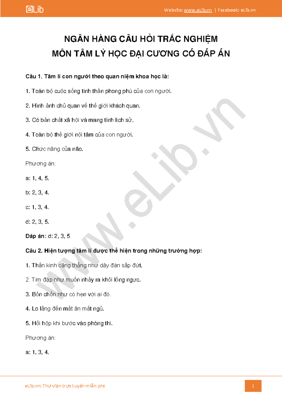 Trac nghiem mon tam ly hoc dai cuong co dap an - NGÂN HÀNG CÂU HỎI TRẮC NGHIỆM MÔN TÂM LÝ HỌC ...