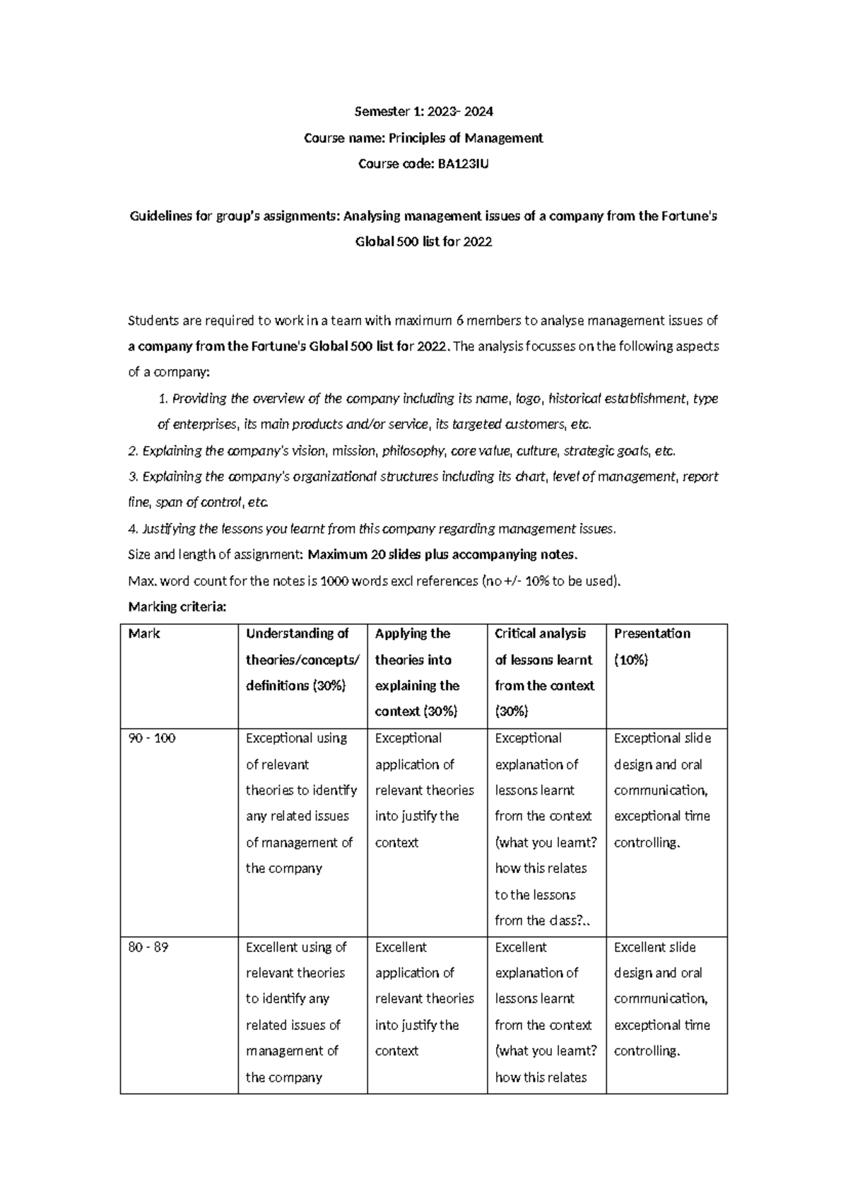 Mana - group assignment - Semester 1: 2023- 2024 Course name: Principles of Management Course ...