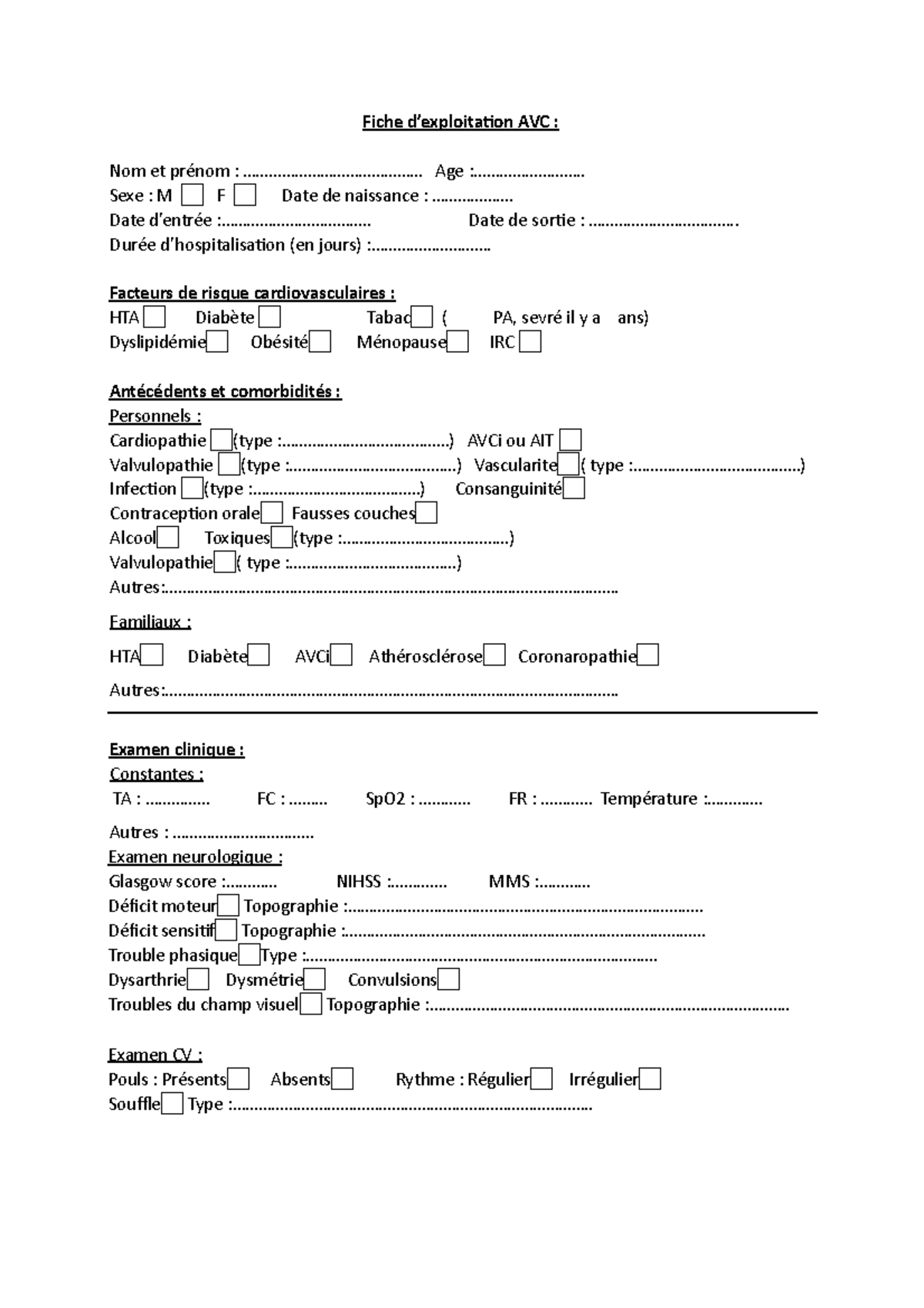 Fiche AVC rabat épidémiologies - Fiche d’exploitation AVC : Nom et prénom : - Studocu