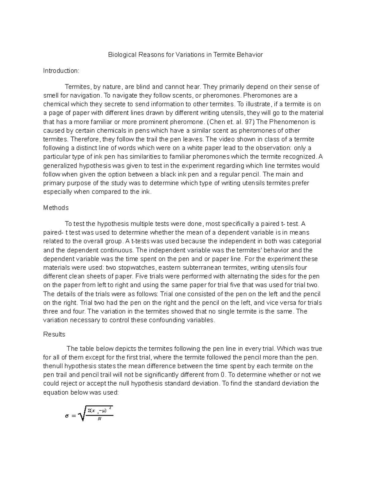 BIO 155 Termite Lab Report - Biological Reasons for Variations in ...