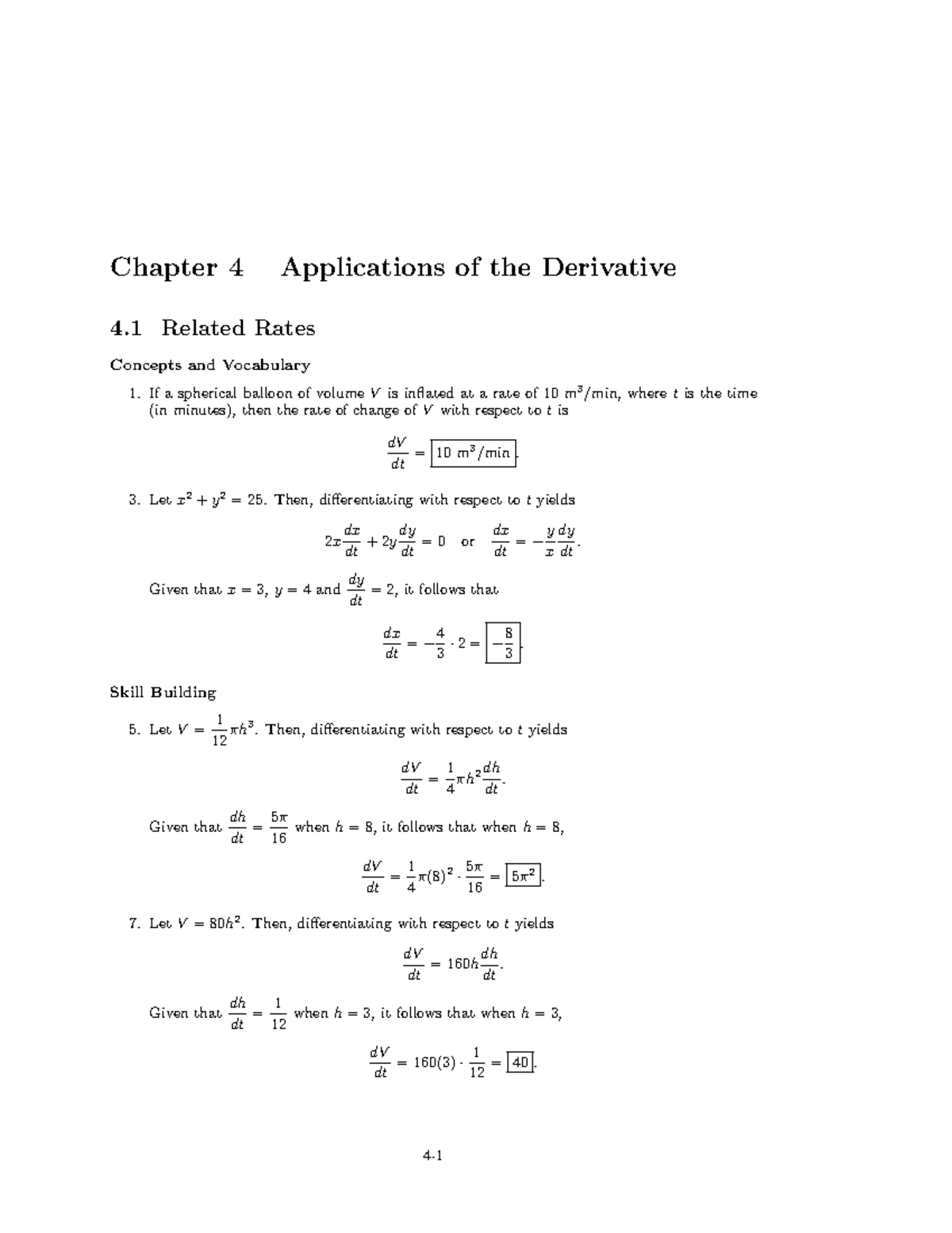 Chapter 4 Practice Chapter 4 Applications Of The Derivative 4 Related Rates Concepts And