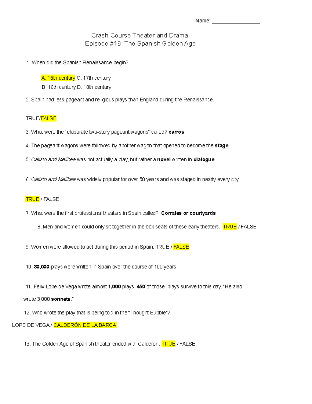 Crash Course Theater Episode 19 - Name: _________________ Episode #19 ...