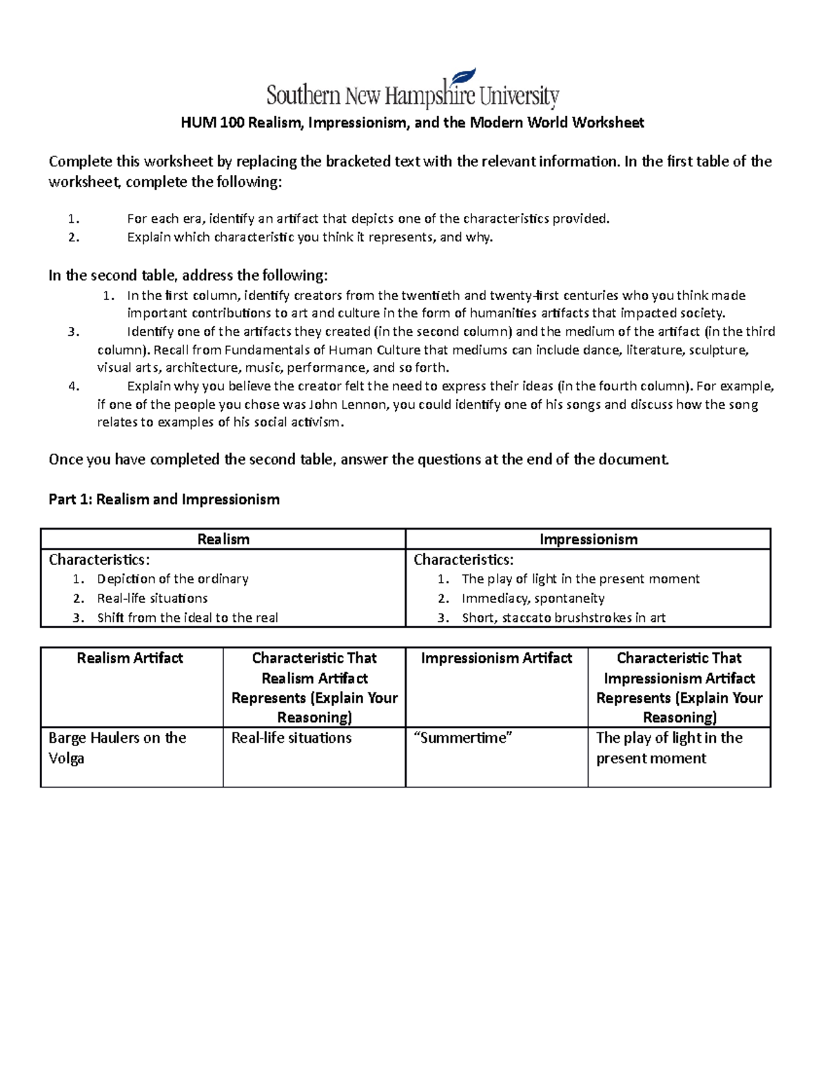 HUM 100 Realism Impressionism and the Modern World Worksheet - HUM 100 ...