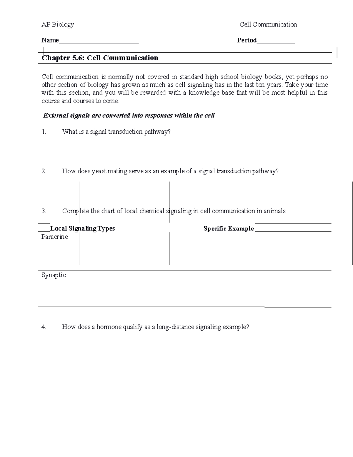 Chapter 11 cell communication - AP Biology Cell Communication Name