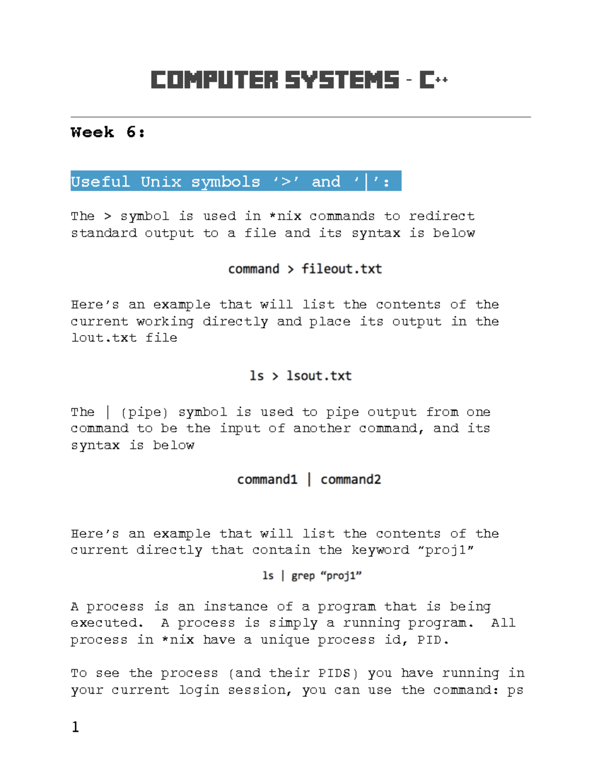 Csci 1730 Systems Programming Wk 6 Computer Systems Week 6 Useful Unix Symbols And The