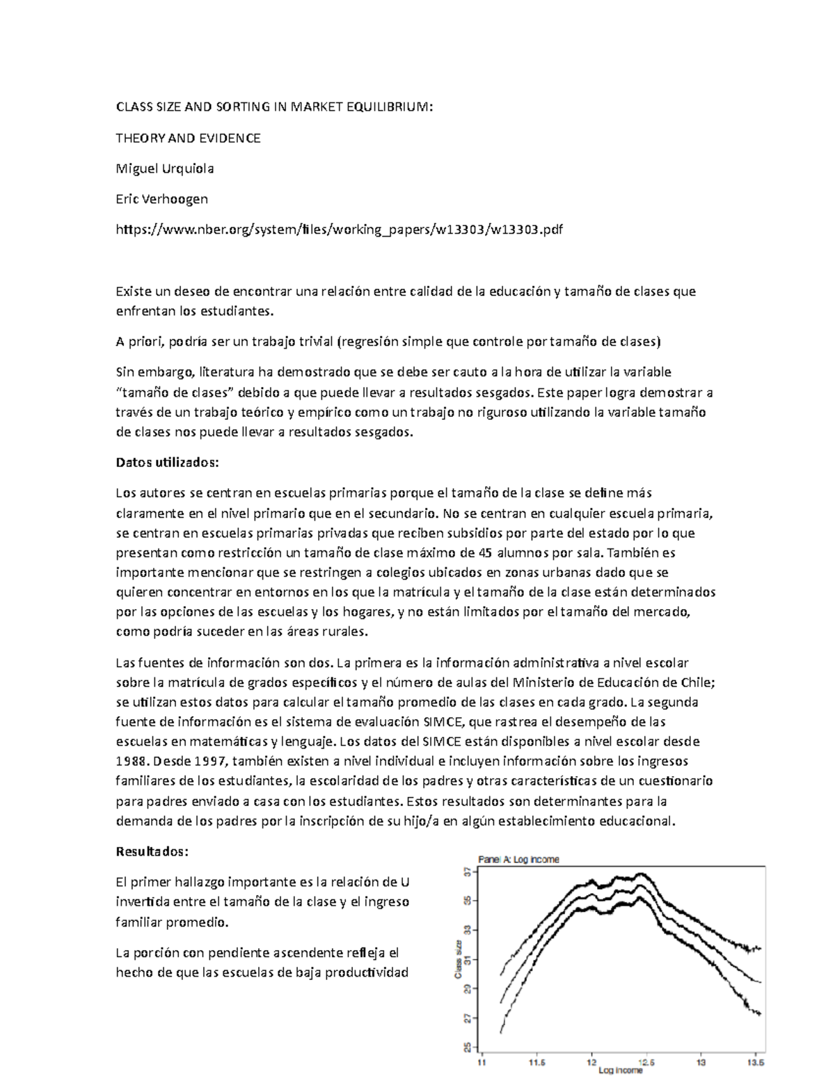 Class SIZE AND Sorting IN Market Equilibrium CLASS SIZE AND SORTING