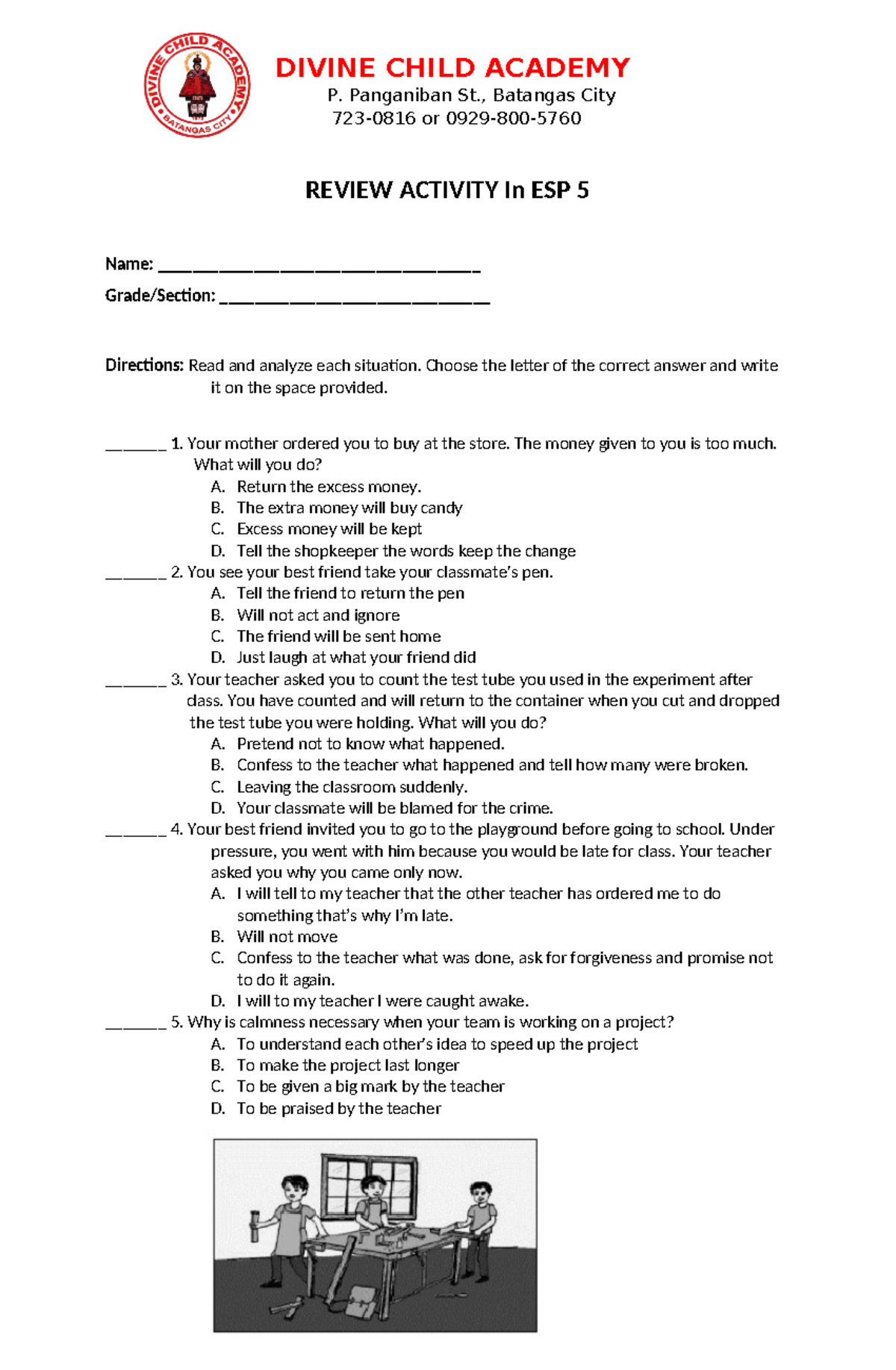 Review Activity- ESP - DIVINE CHILD ACADEMY P. Panganiban St., Batangas ...