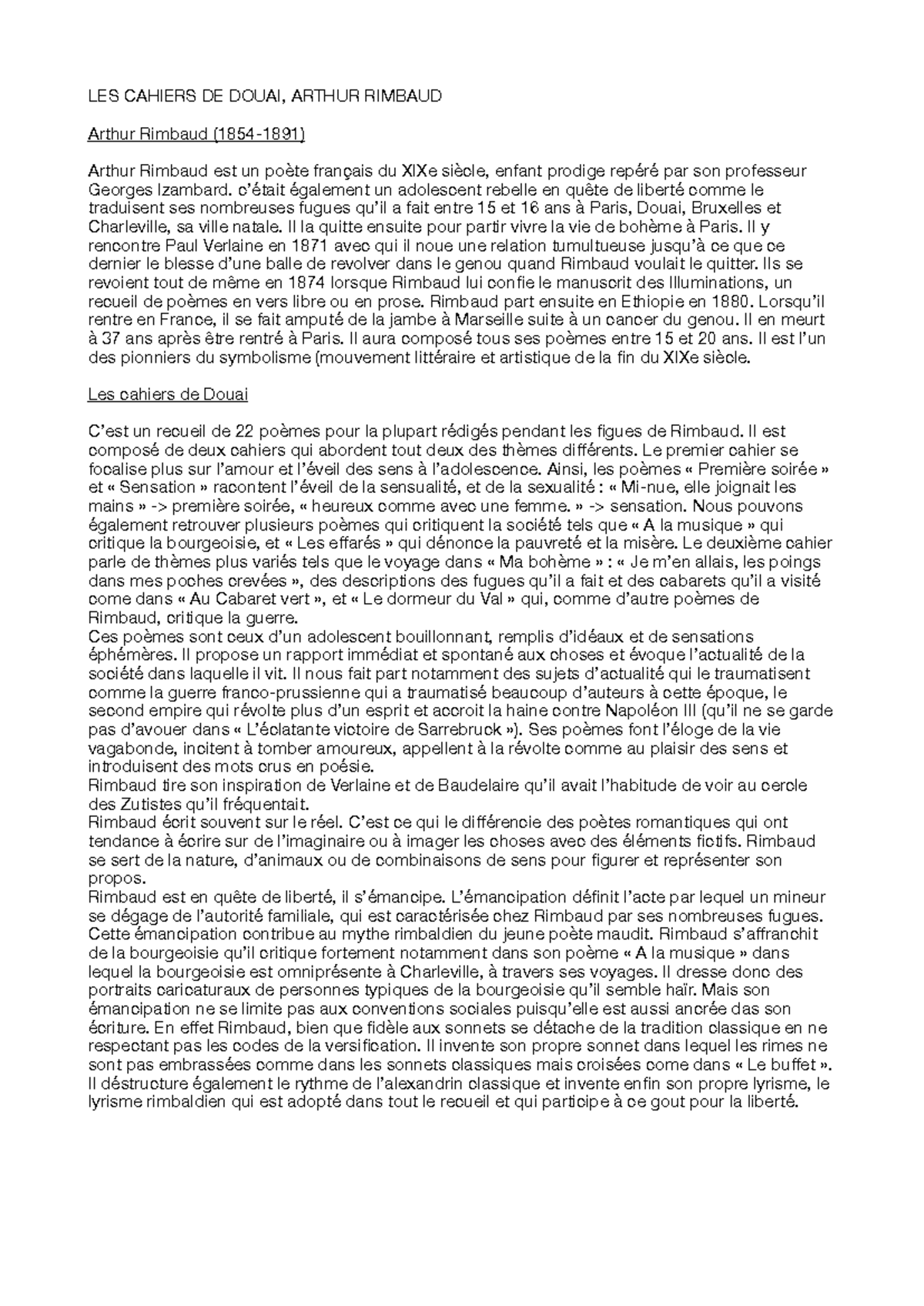 Fiche Les cahiers de douai - LES CAHIERS DE DOUAI, ARTHUR RIMBAUD ...