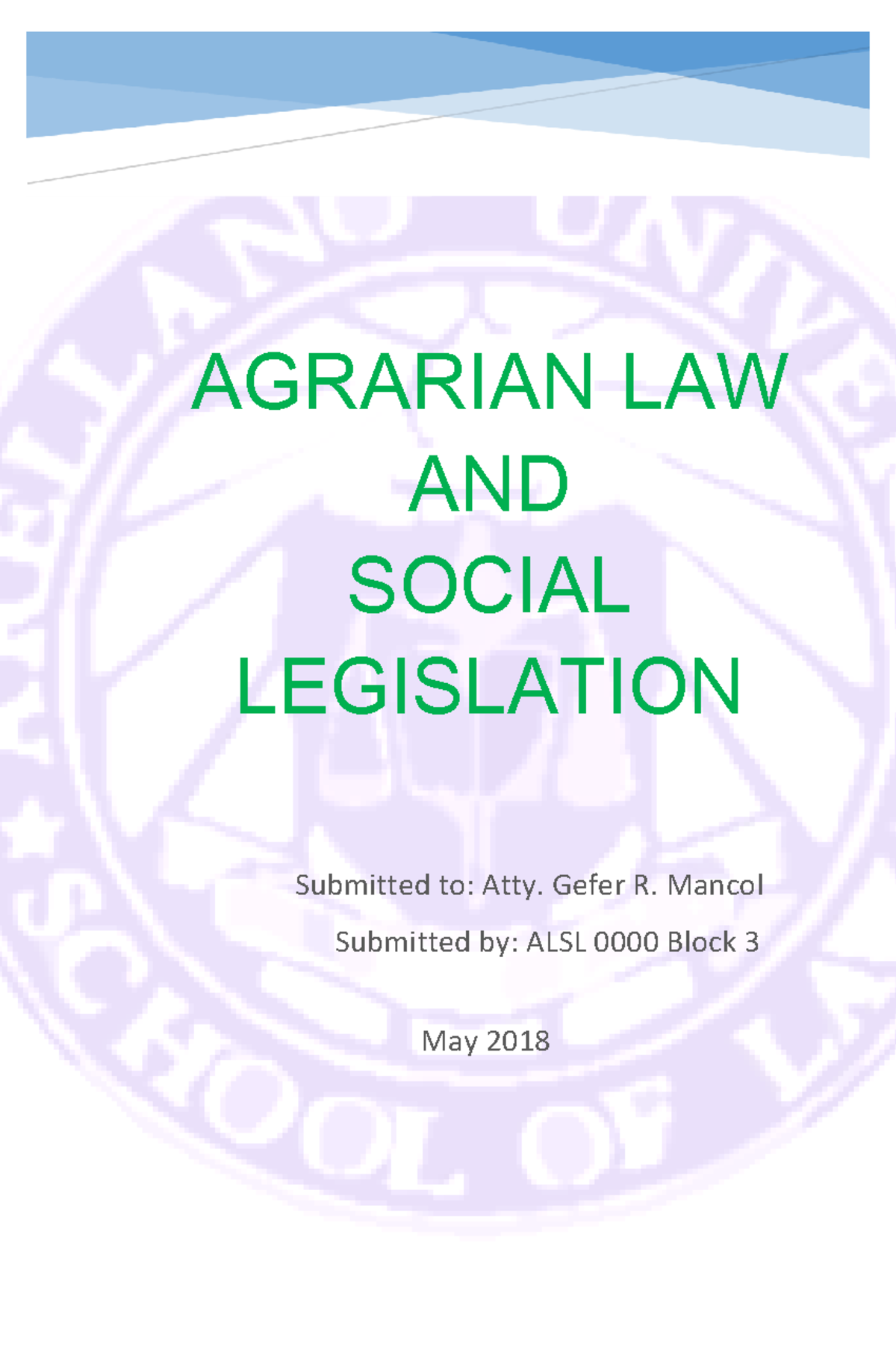Reviewer Agrarian Law and Social Legislation - AGRARIAN LAW AND SOCIAL ...