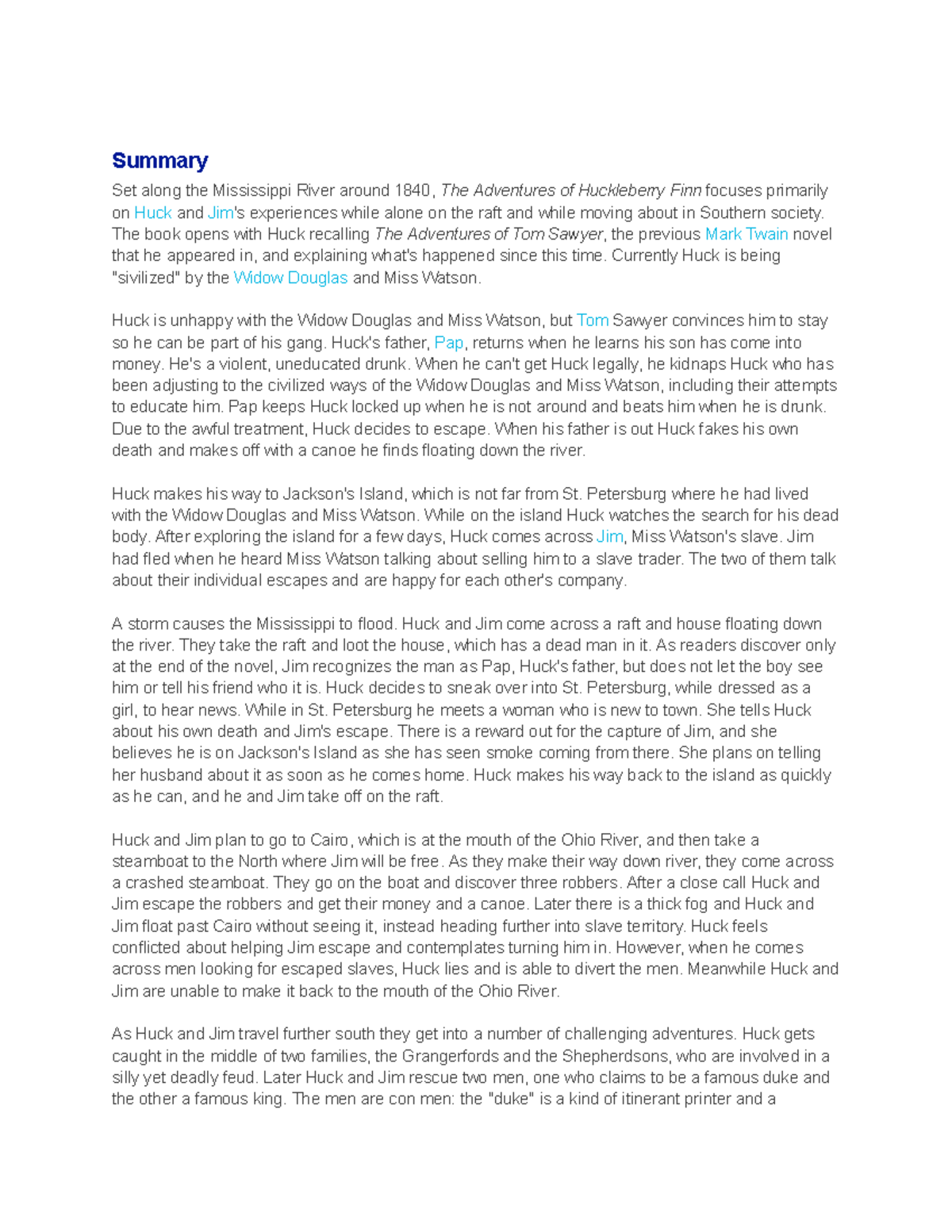 The adventure of huckleberry finn summary - Summary Set along the ...