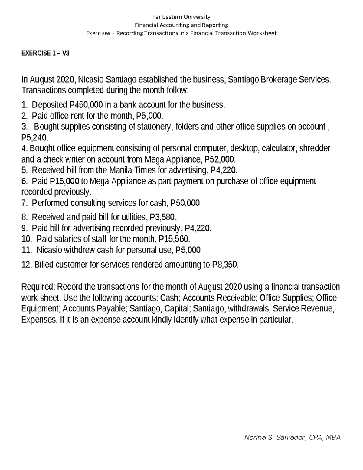 Financial Transaction Worksheet - Far Eastern University Financial ...