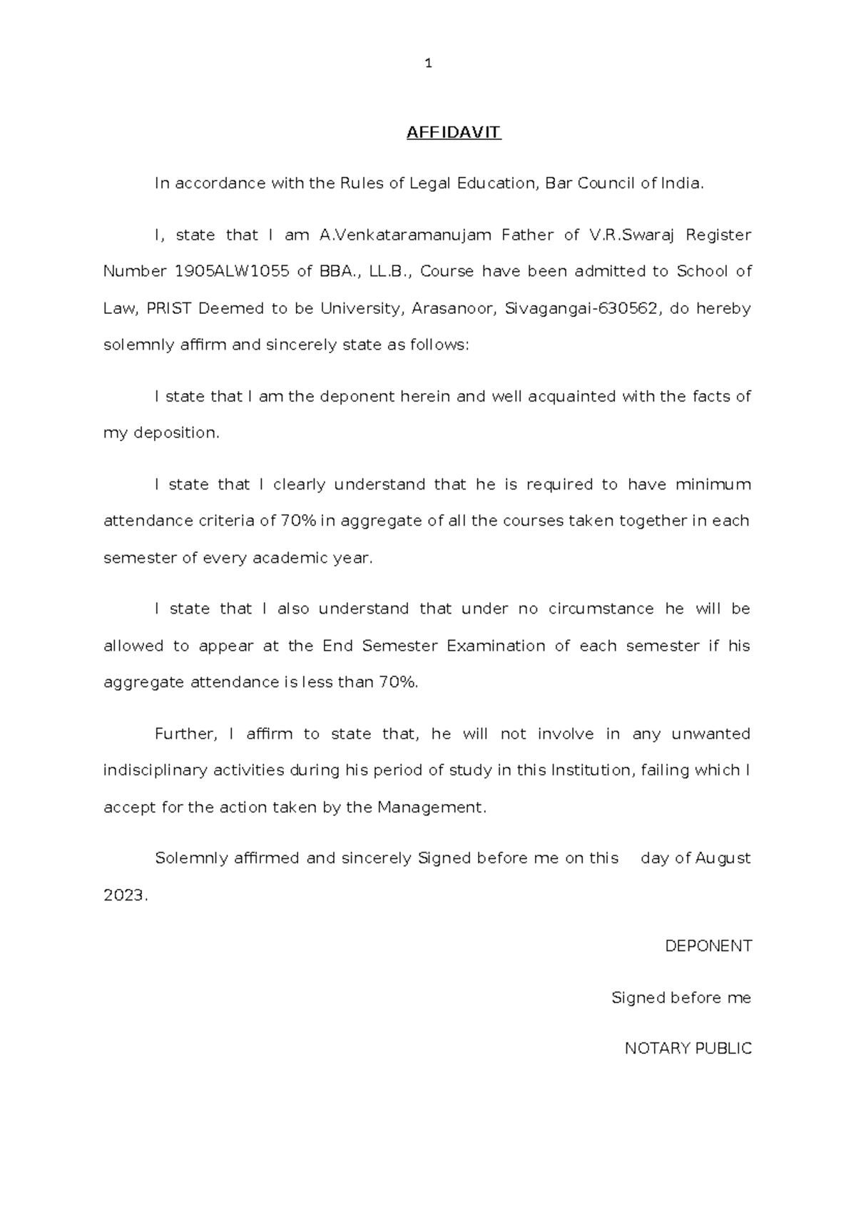 Student Affidavit - 1 AFFIDAVIT In accordance with the Rules of Legal ...