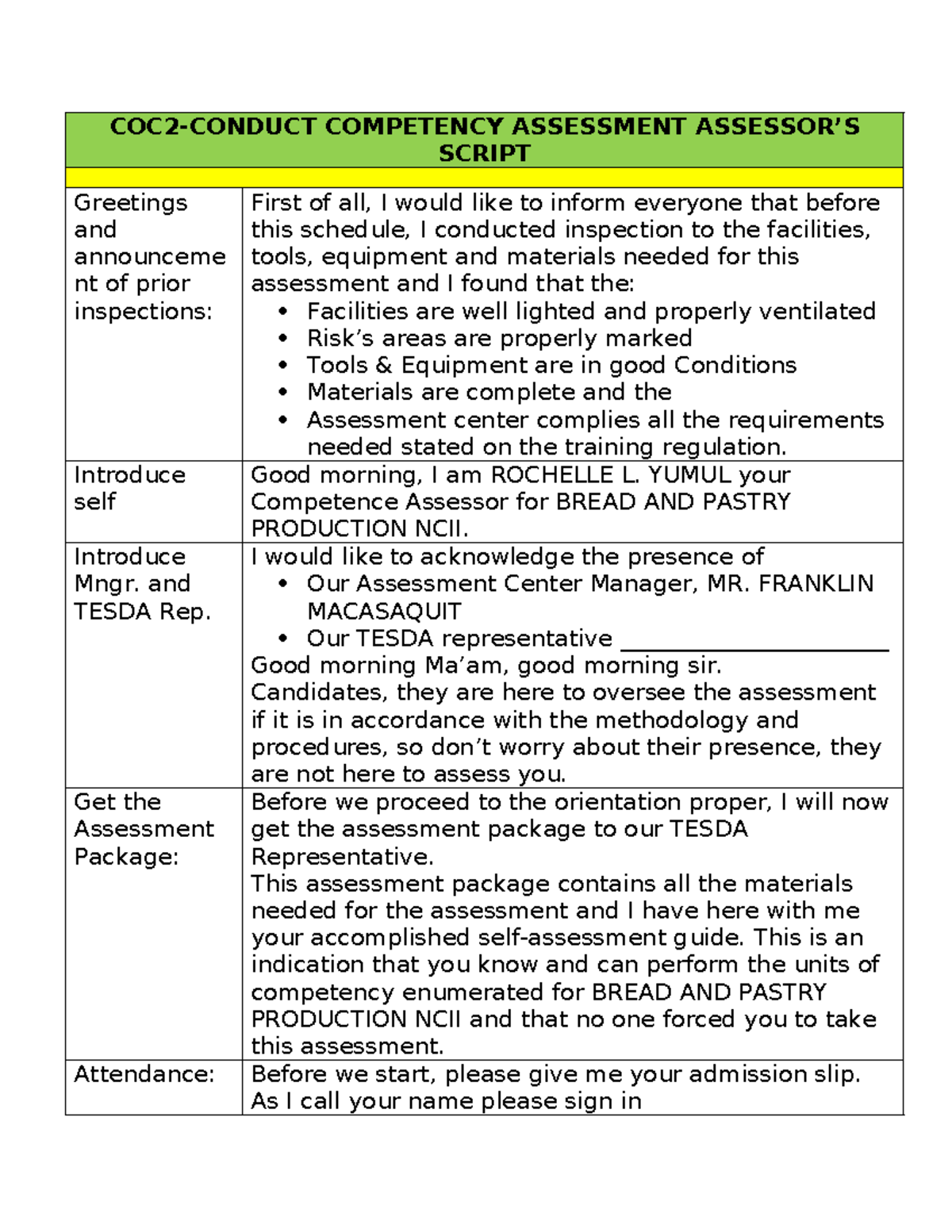 COC2 Script - trainers methodology - COC 2 - CONDUCT COMPETENCY ASSESSMENT ASSESSOR’S SCRIPT ...