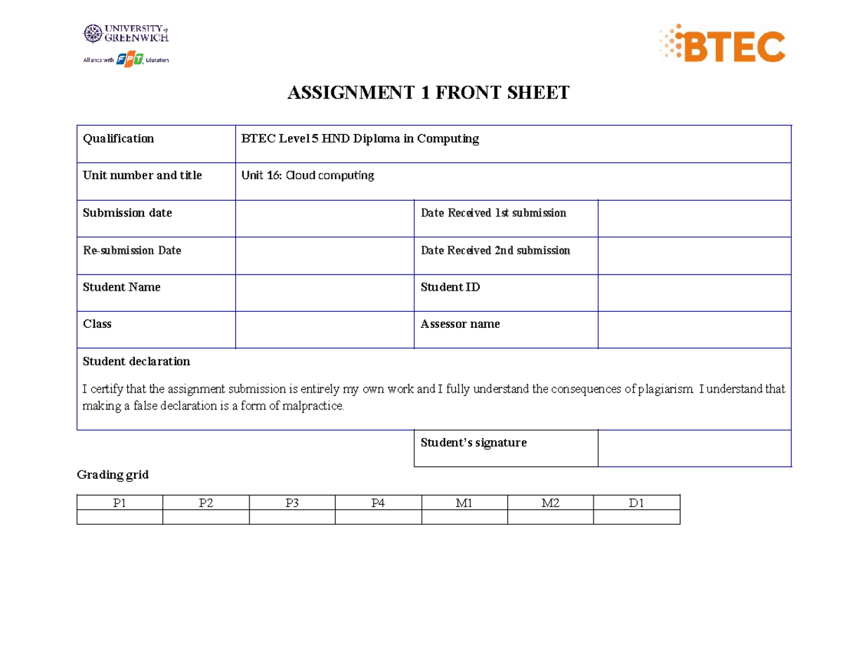 Unit 16.Assignment 1 frontsheet - ASSIGNMENT 1 FRONT SHEET Qualification BTEC Level 5 HND ...