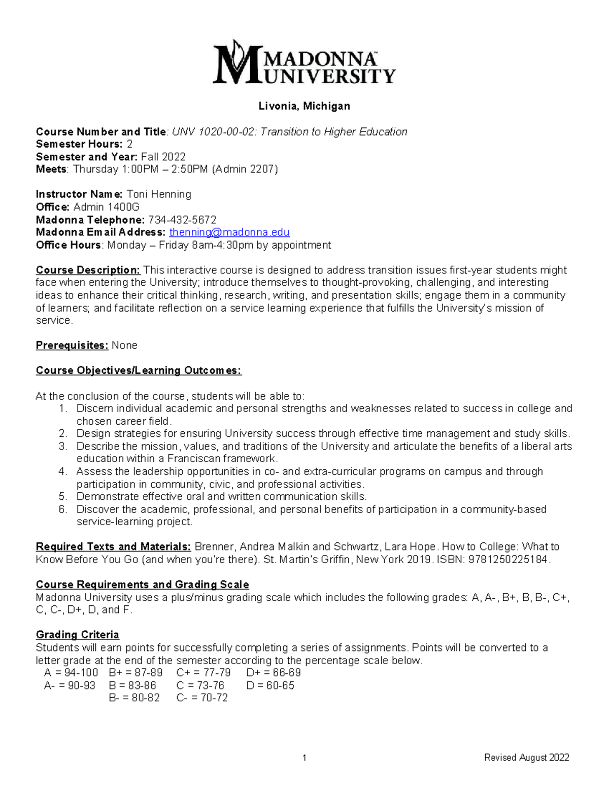 Updated UNV 1020 Fall 2022 Syllabus Thursdays - Livonia, Michigan ...