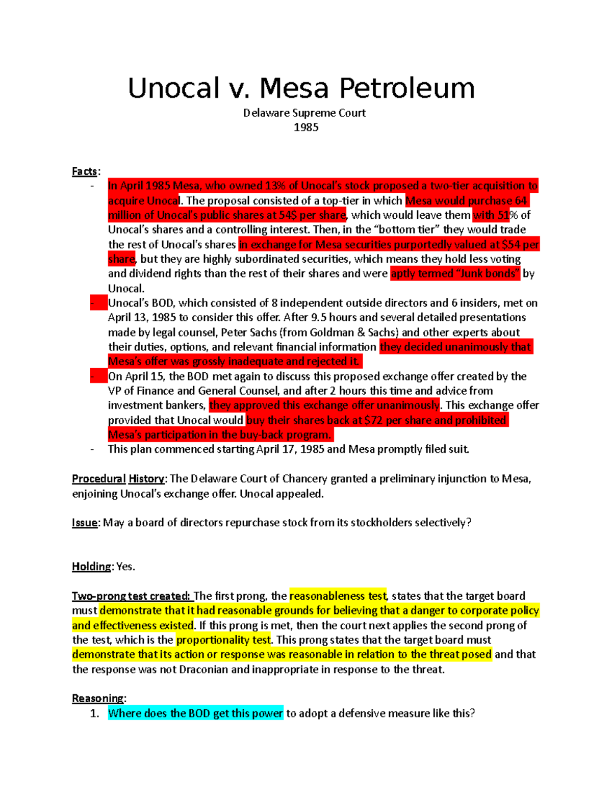 Unocal v Mesa Case Brief - Unocal v. Mesa Petroleum Delaware Supreme ...