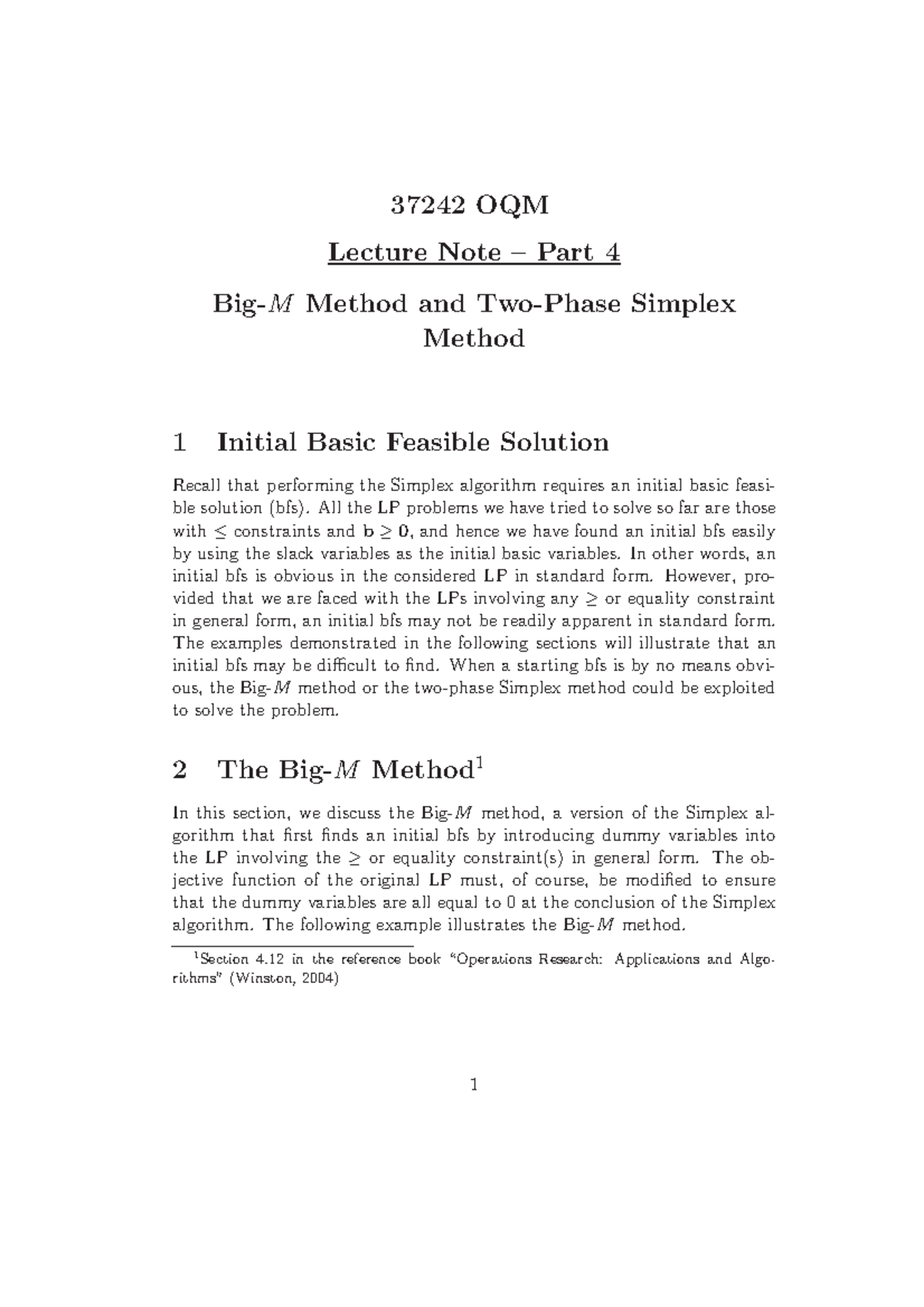 LN 4 - Lecture notes 4 - 37242 OQM Lecture Note – Part 4 Big-M Method ...