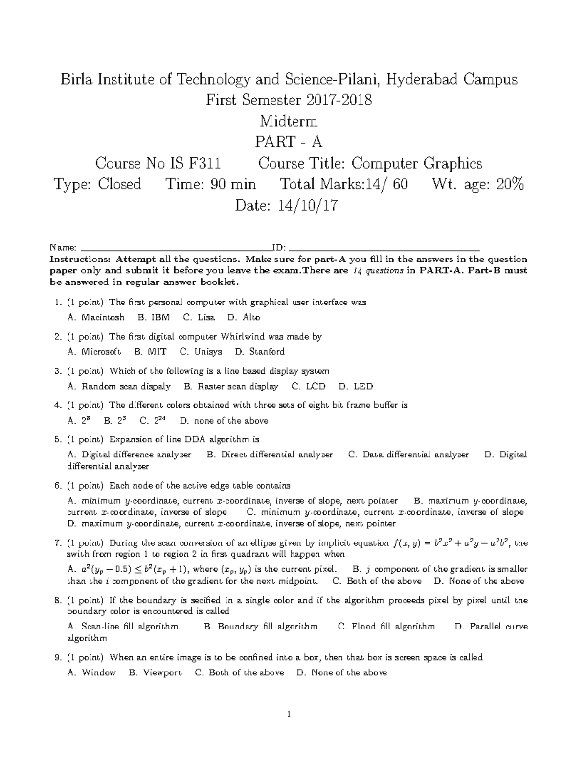 Part A-1-1 - Previous year paper - Birla Institute of Technology and Science-Pilani, Hyderabad ...