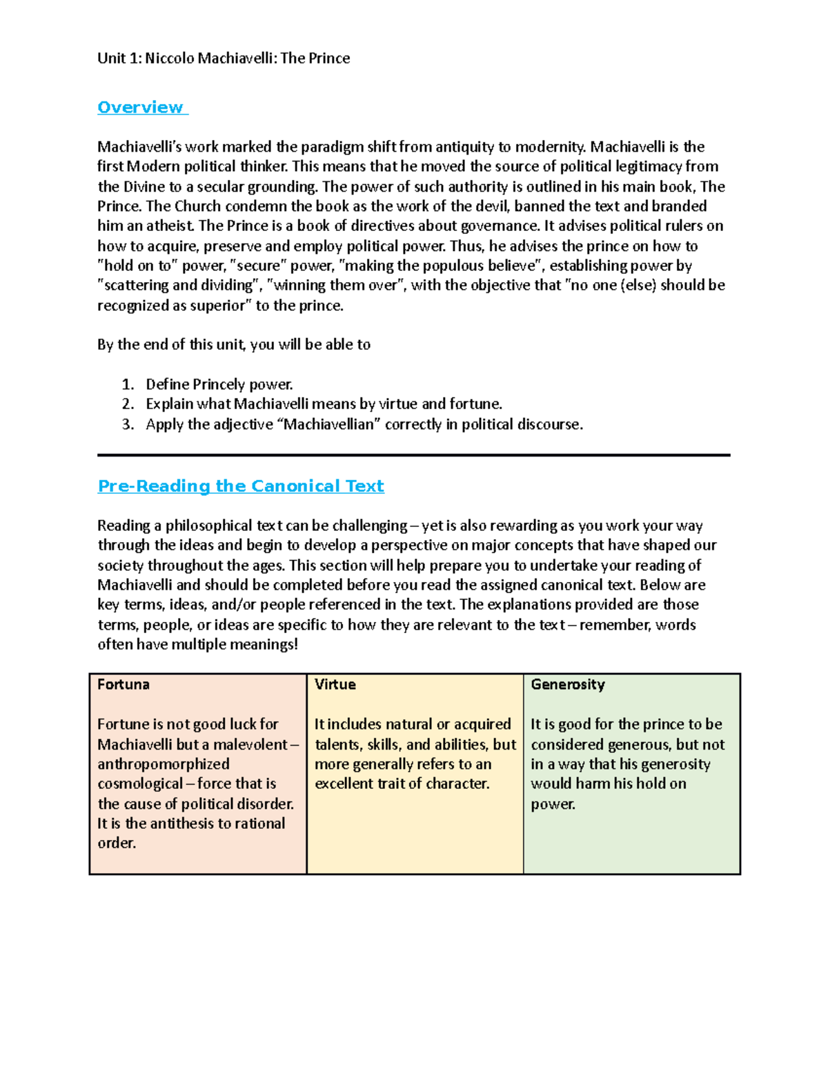 Unit 1- Niccolo Machiavelli- The Prince - Overview Machiavelli’s work ...