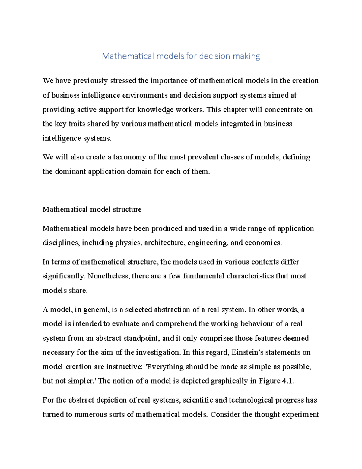 Mathematical models for decision making - This chapter will concentrate ...