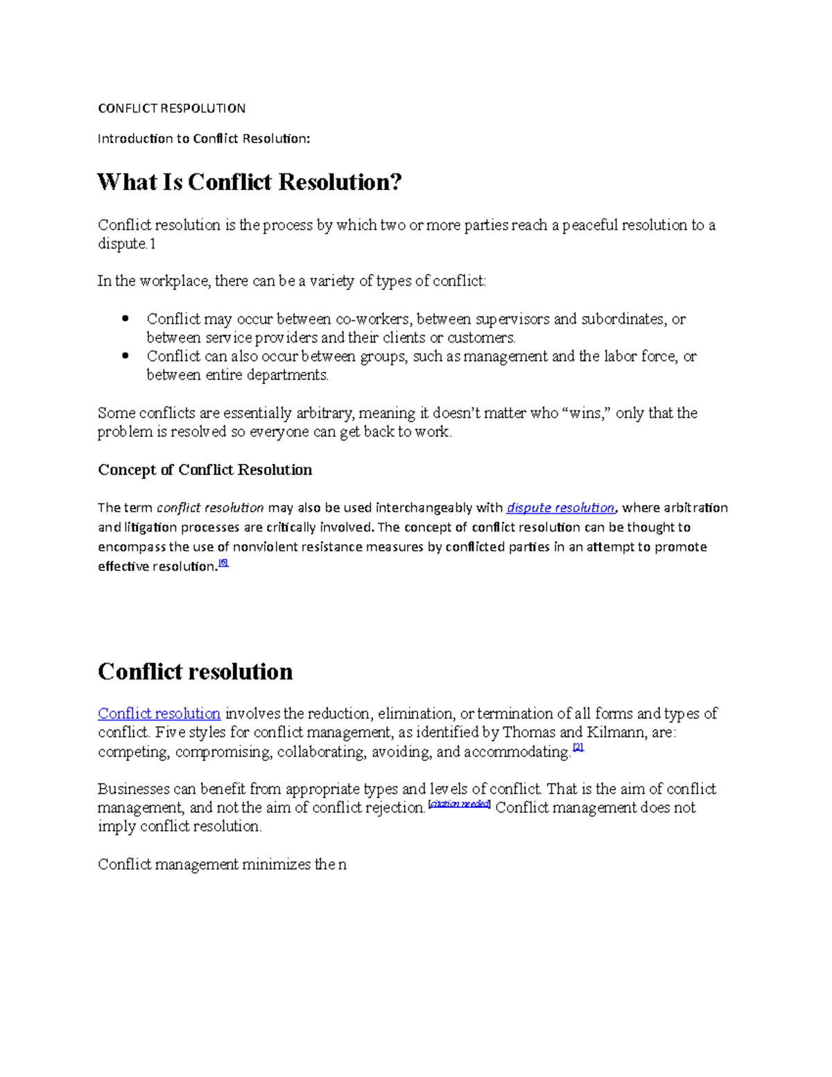 Conflict Resolution Notes - CONFLICT RESPOLUTION Introduction to ...