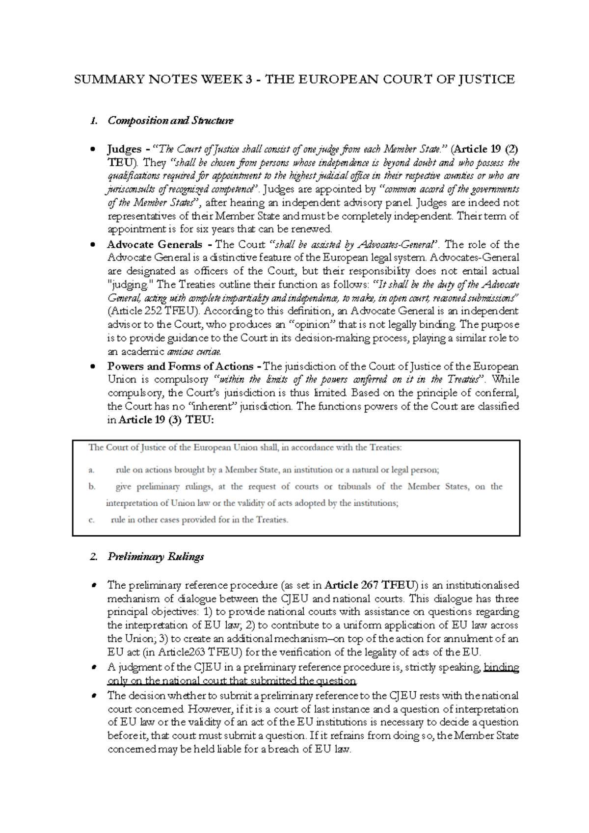 Court of Justice Notes Week 3 - SUMMARY NOTES WEEK 3 - THE EUROPEAN ...