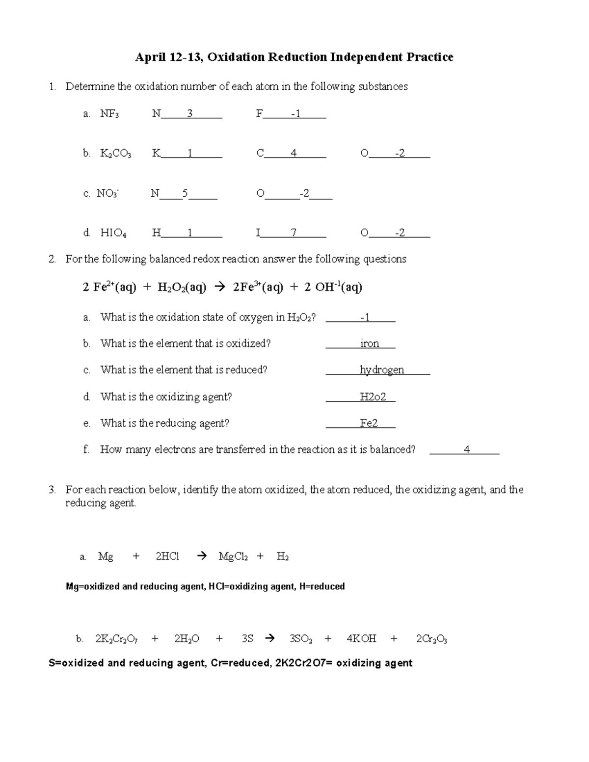 April 17 (B) -20 (A) Redox Reactions PIB Independent Practice - April ...