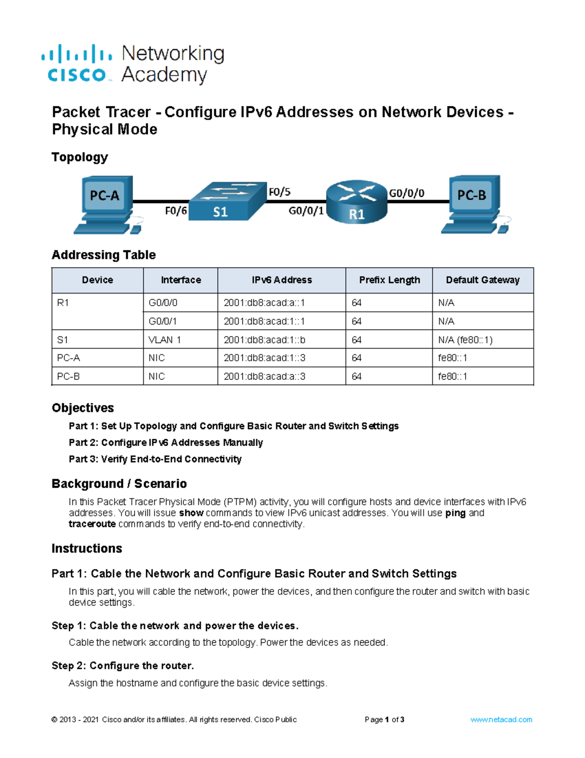12.9.2 Packet Tracer - Configure IPv6 Addresses on Network Devices - Physical Mode - Packet ...