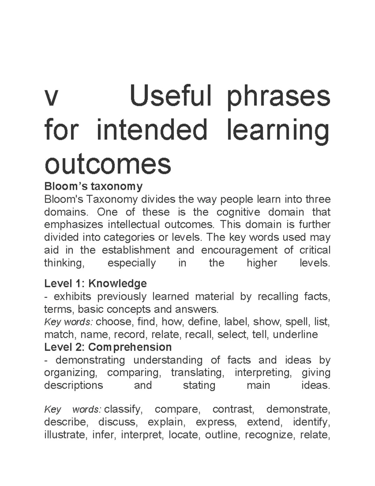 Useful phrases for intended learning outcomes - v Useful phrases for ...