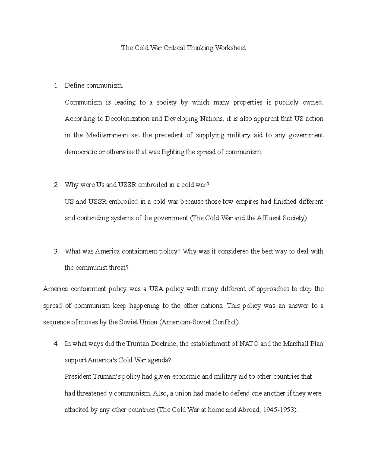 The Cold war thinking worksheet - The Cold War Critical Thinking ...