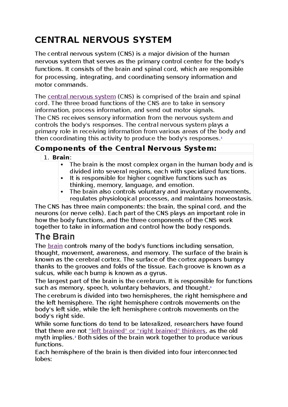 Phsyio MOD 2 - CENTRAL NERVOUS SYSTEM The central nervous system (CNS) is a major division of ...