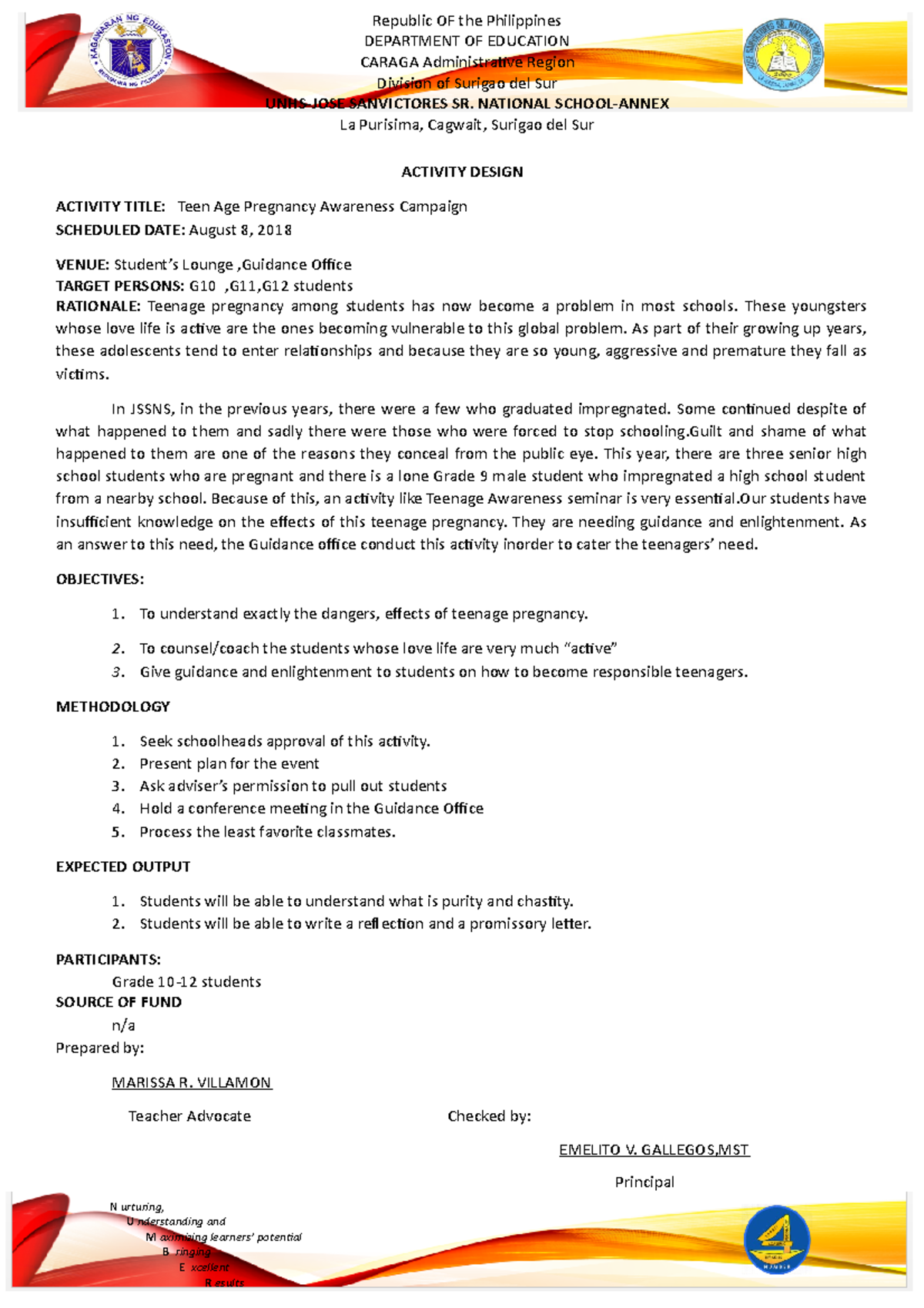 Activity Design on Teenage Pregnancy - ACTIVITY DESIGN ACTIVITY TITLE ...