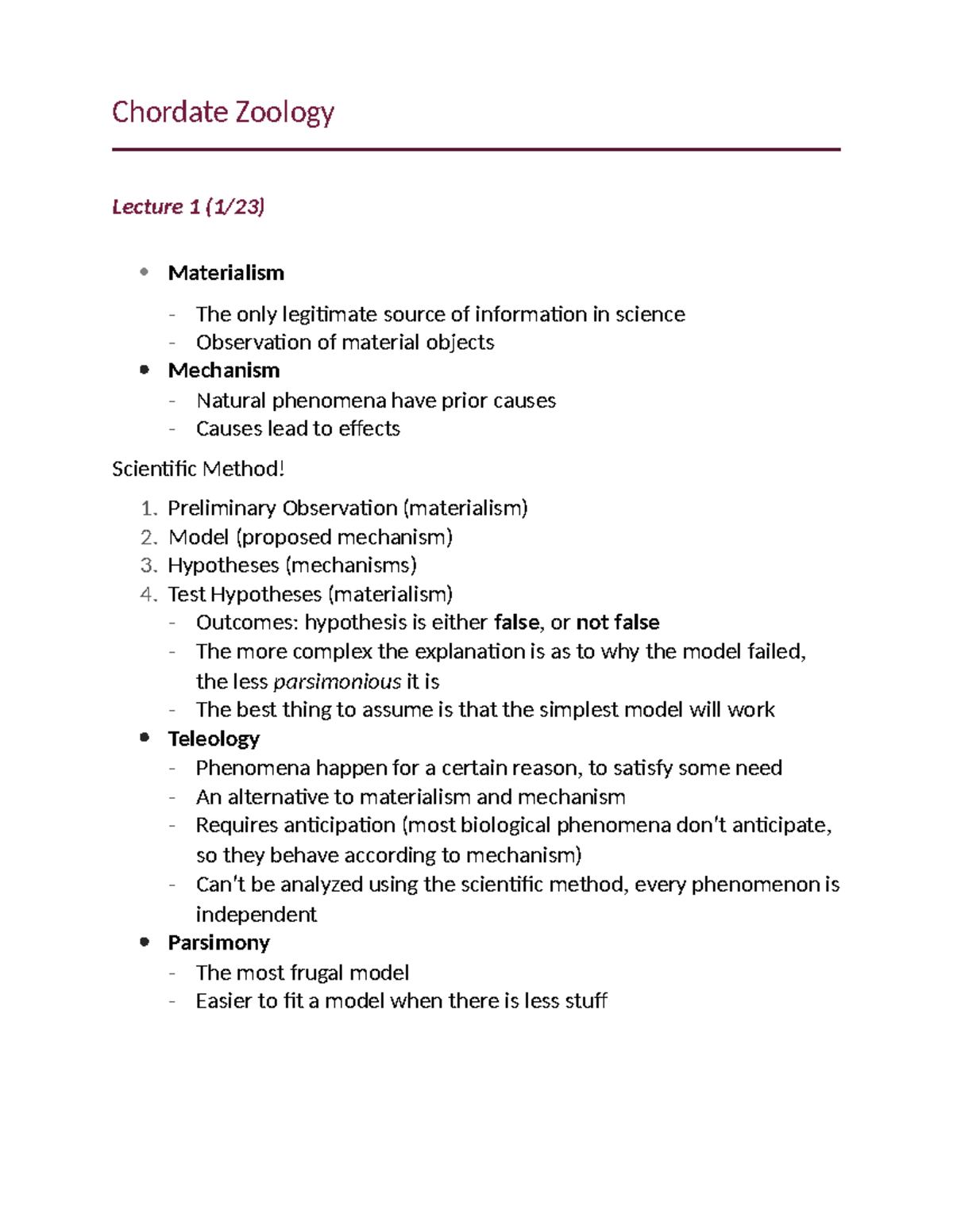 Chordate Zoology - Chordate Zoology Lecture 1 (1/23) Materialism - The ...