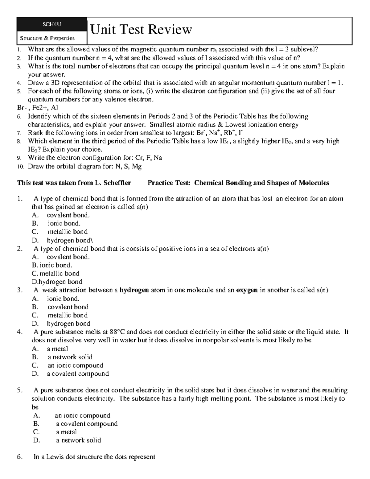 Chemical Bonding Test review Questions - SCH4U Unit Test Review ...