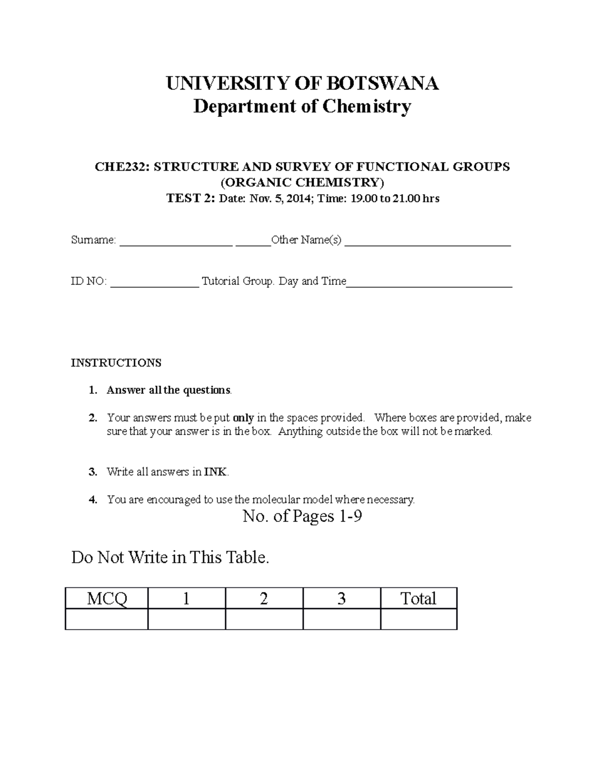 CHE 232 Exam 2014 - This paper contains mostly asked questions for ...