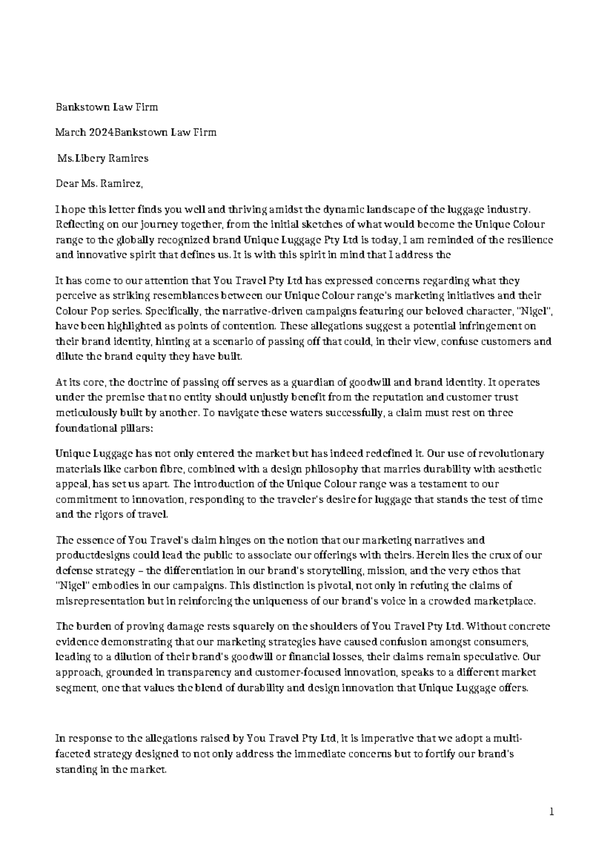 Torts 1 2024 Letter Writing Assignment - Bankstown Law Firm March ...