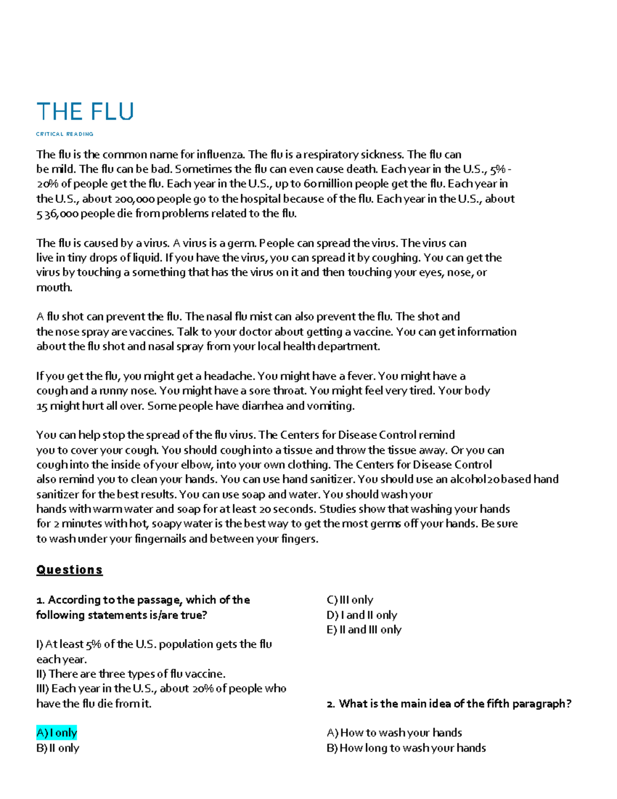 Influenza (The Flu) - Ejercicio semanal - THE FLU C R I T I C A L R E A ...
