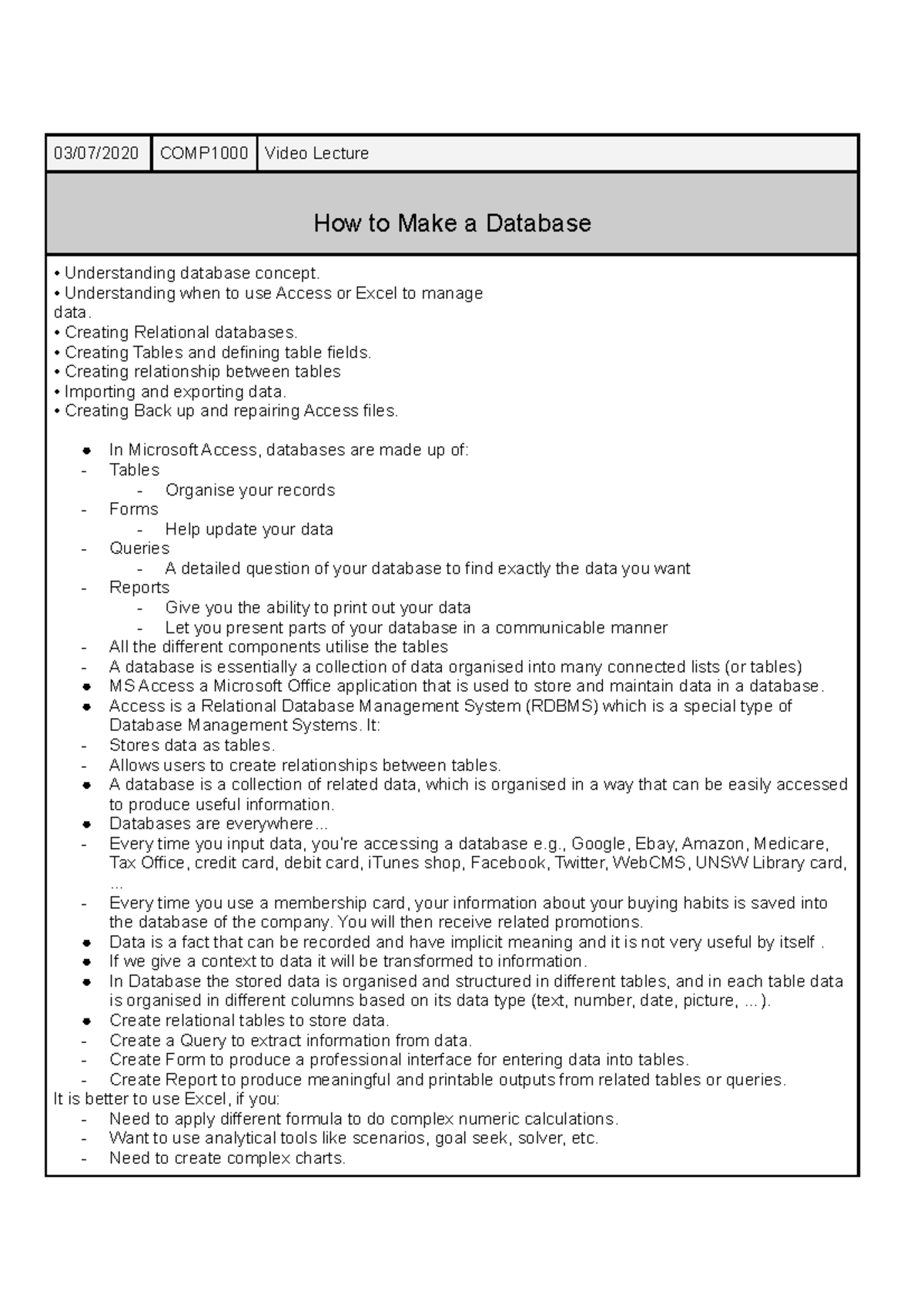How to Make a Database - 03/07/2020 COMP1000 Video Lecture How to Make ...