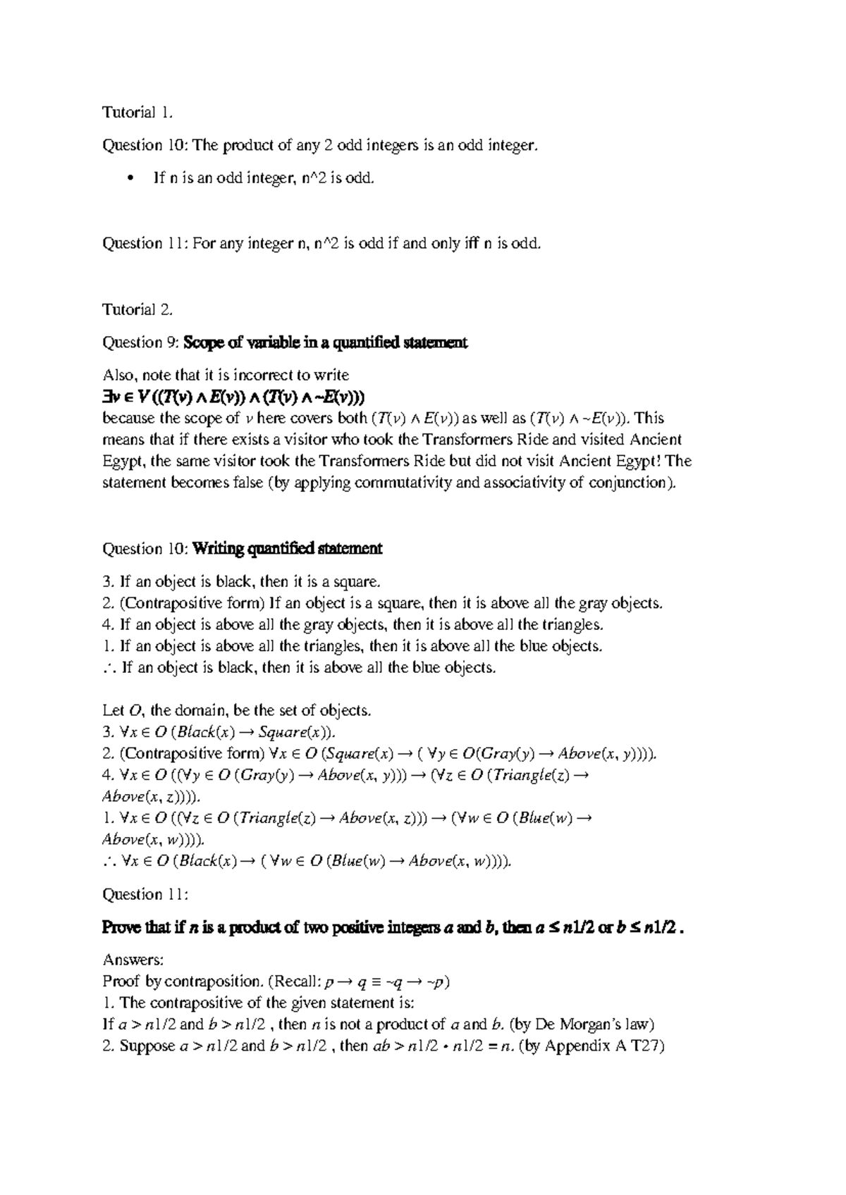 CS1231 S Cheatsheet - Tutorial 1. Question 10: The product of any 2 odd integers is an odd ...