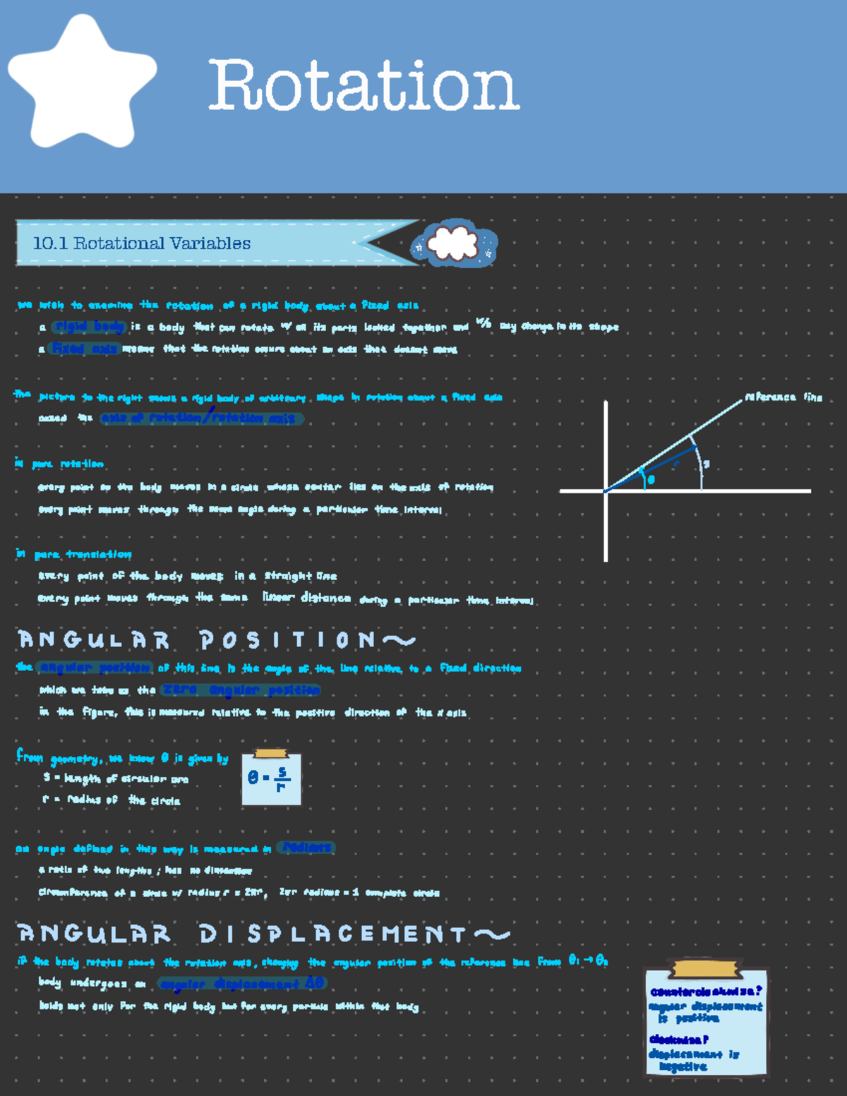 PHYS Chapter X - Notes - Rotation 10 Rotational Variables we wish to ...