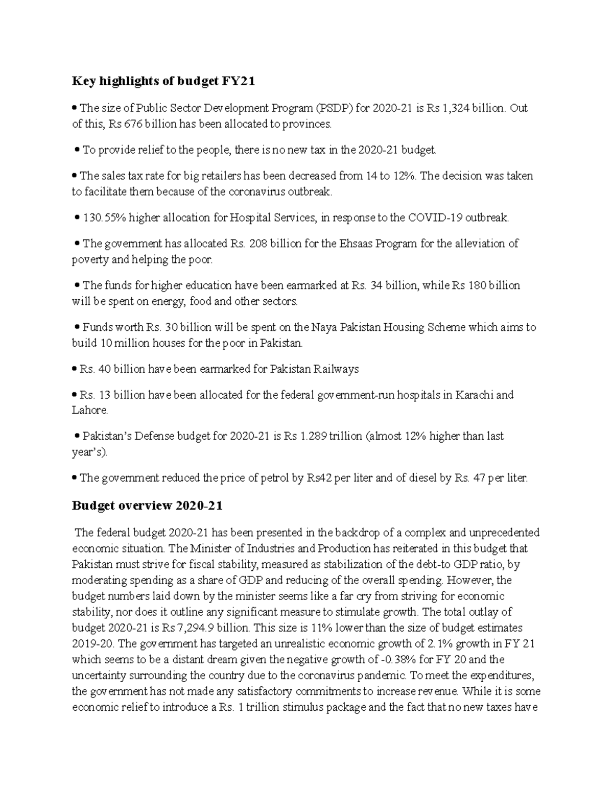 Key highlights of budget FY21 - Key highlights of budget FY The size of ...