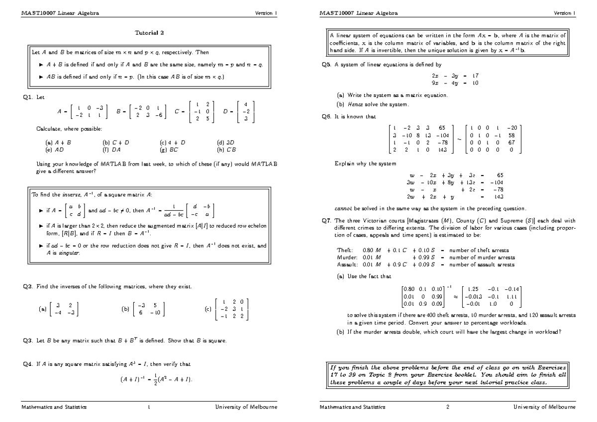 Tutorial work - week 2 and 3 questions - Linear Algebra Version 1 ...