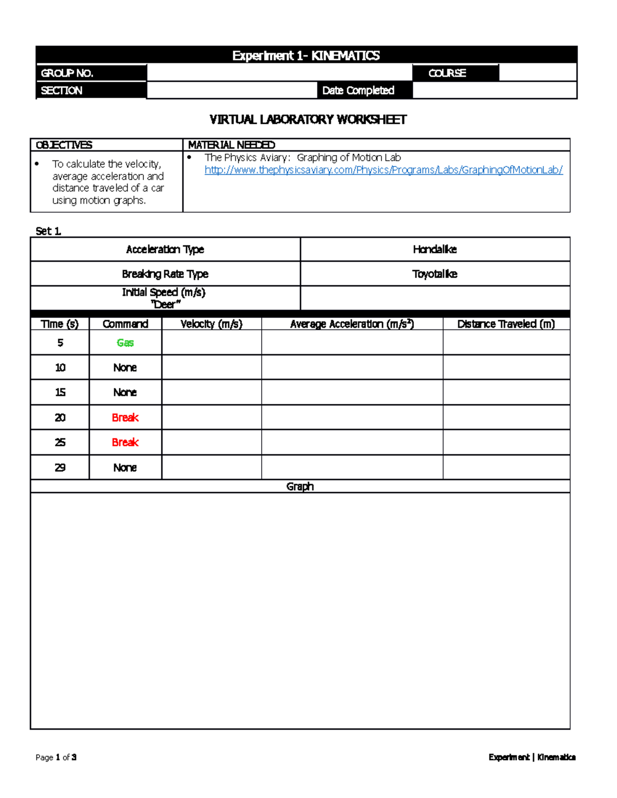 Experiment Kinematics Worksheet - Experiment 1- KINEMATICS GROUP NO ...