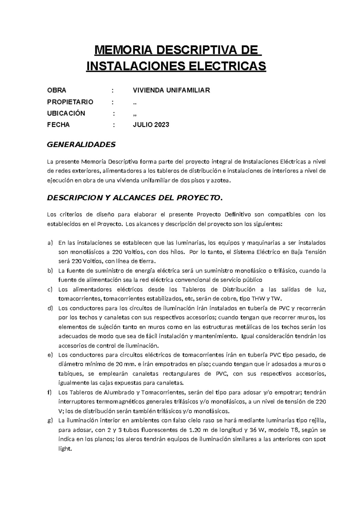 Memoria Descriptiva DE Instalaciones Electricas - MEMORIA DESCRIPTIVA DE INSTALACIONES ...