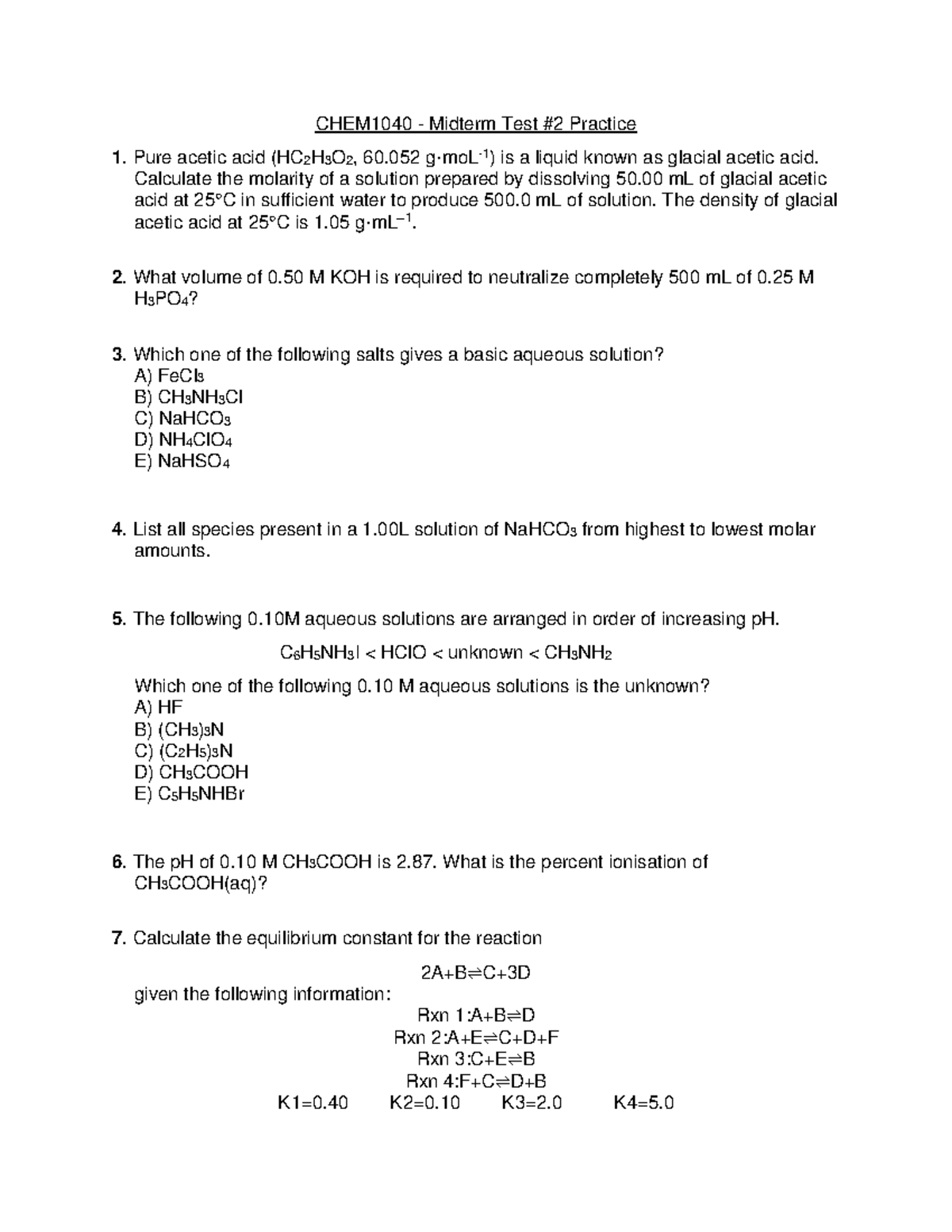 CHEM1040 - Midterm Test #2 Practice - CHEM1040 - Midterm Test #2 ...
