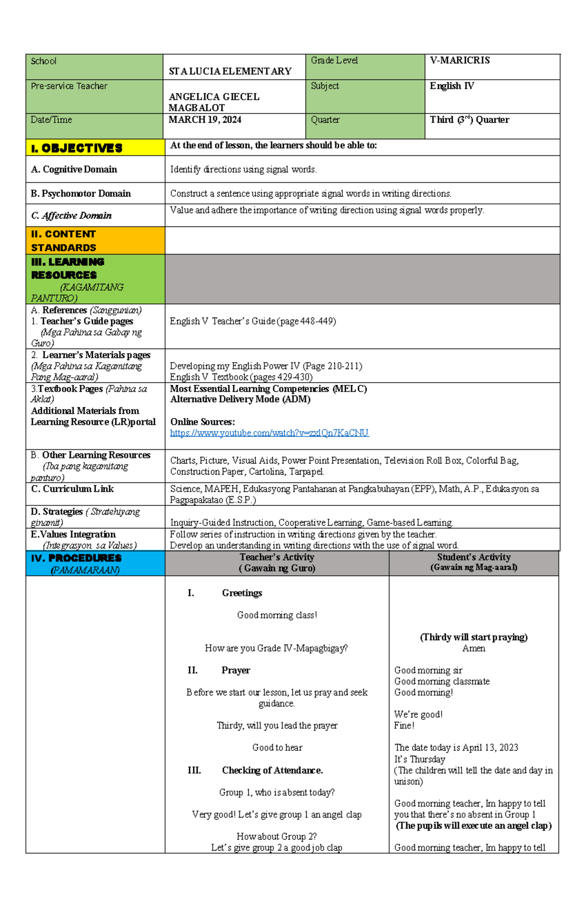 DLP IN English pre service 1 - School STA LUCIA ELEMENTARY Grade Level ...