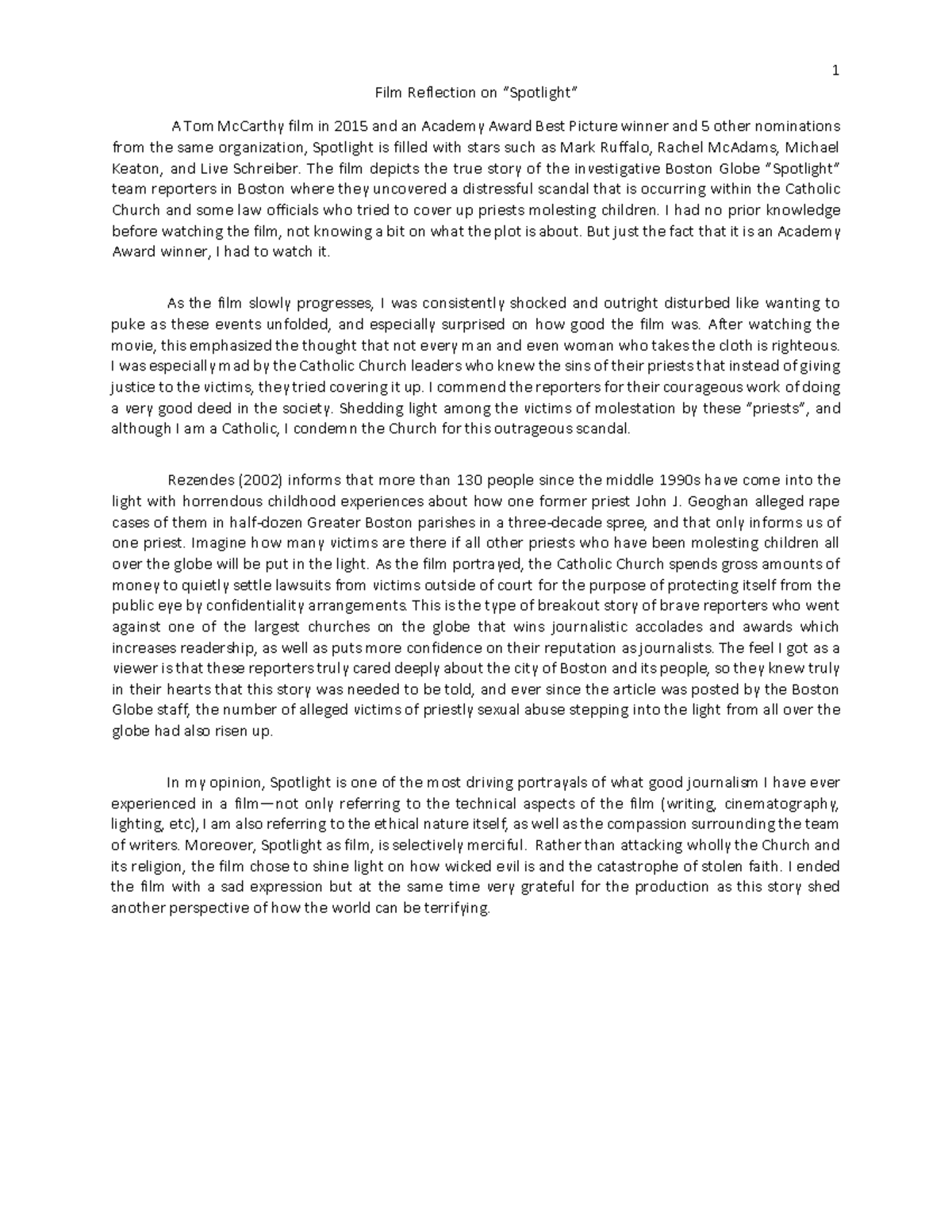 Film Reflection Paper on the Movie "Spotlight" - 1 Film Reflection on