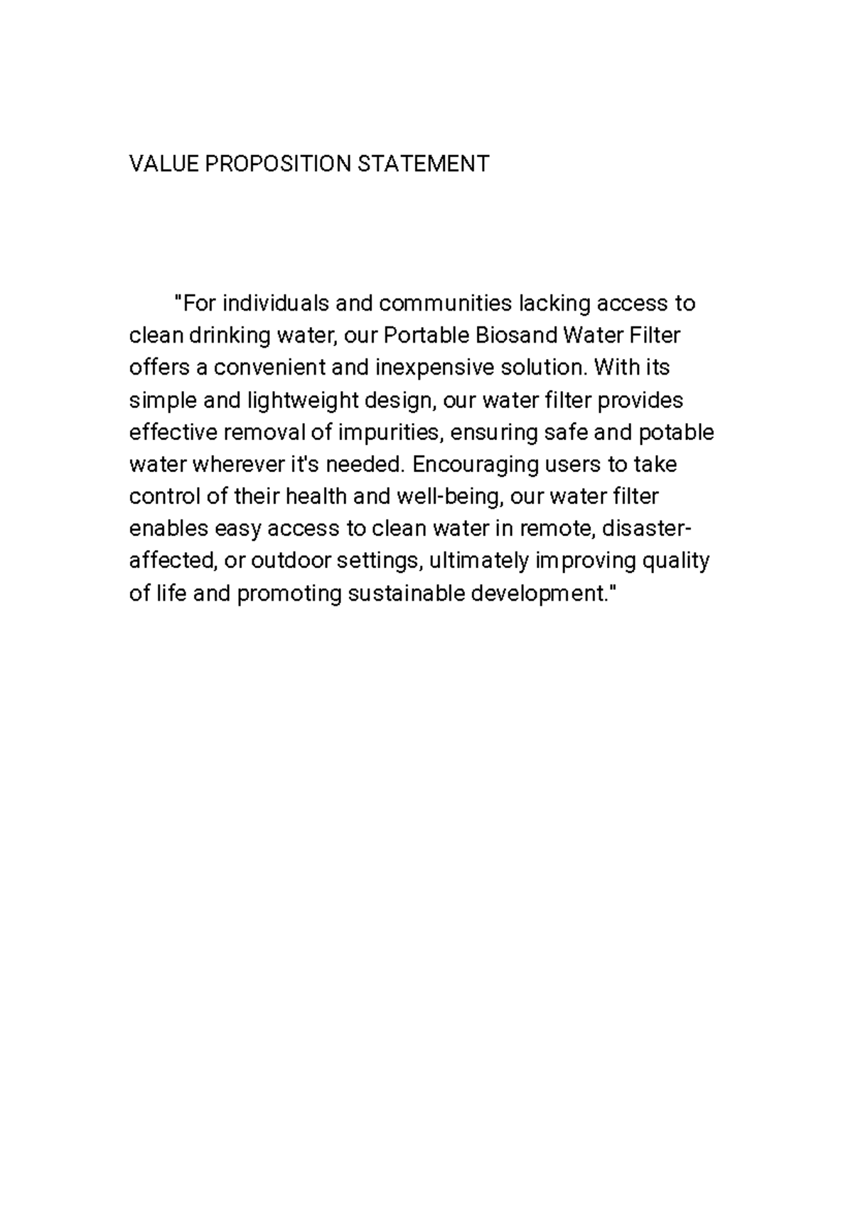 VPS - Notes - VALUE PROPOSITION STATEMENT "For individuals and ...