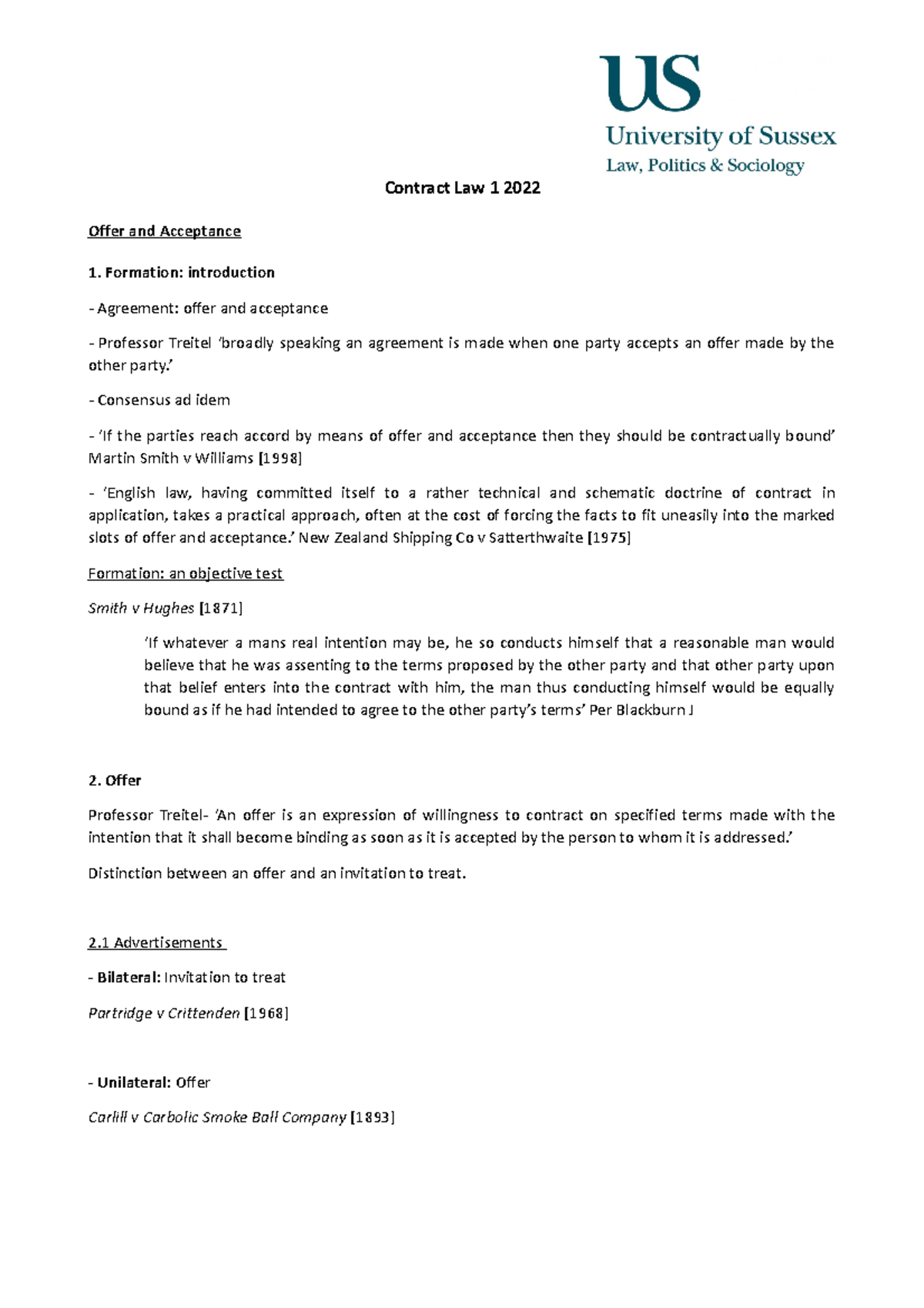 Offer+and+Acceptance+Lecture+Handout - Contract Law 1 2022 Offer and ...